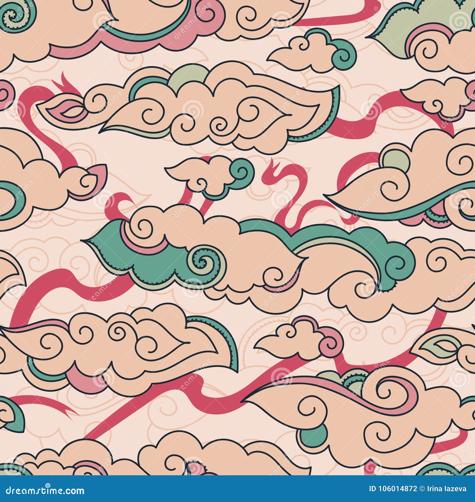 Seamless Pattern with Asian Style Clouds and Ribbons Stock Vector ...