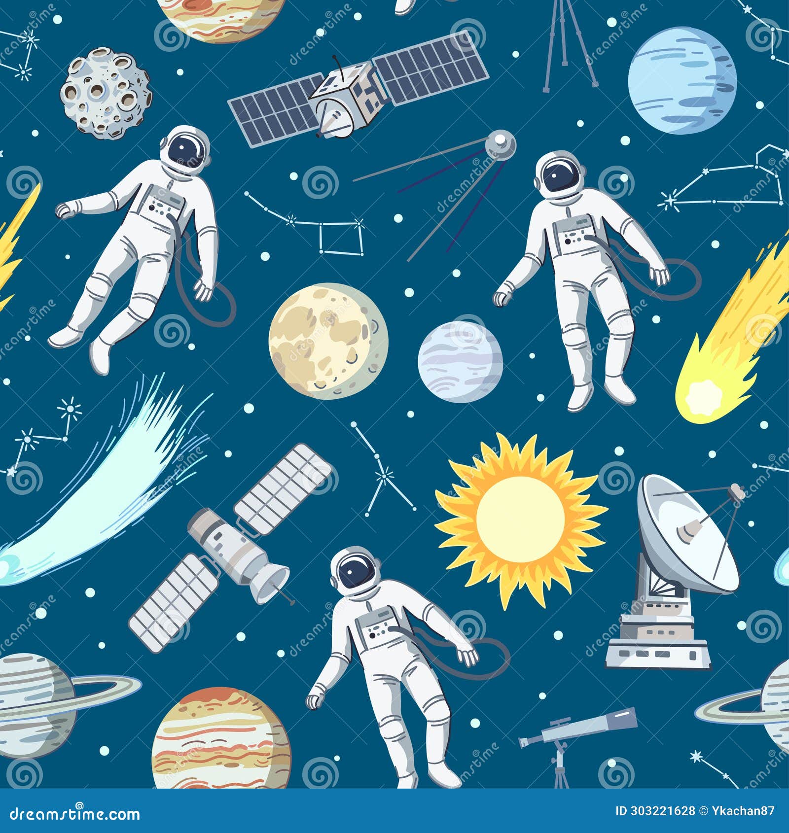 Seamless Pattern with Astronauts, Stars, Planets and Satellites in ...