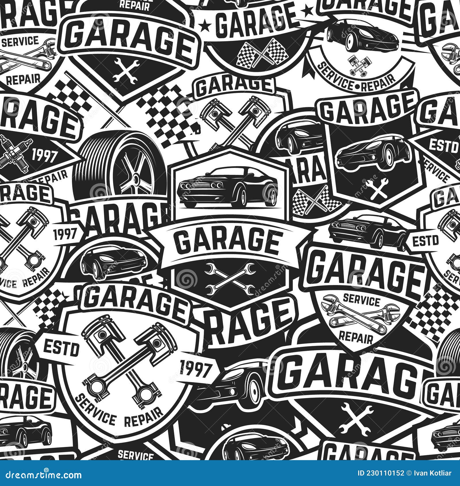 Seamless Pattern with Auto Repair Design Elements in Monochrome Style ...