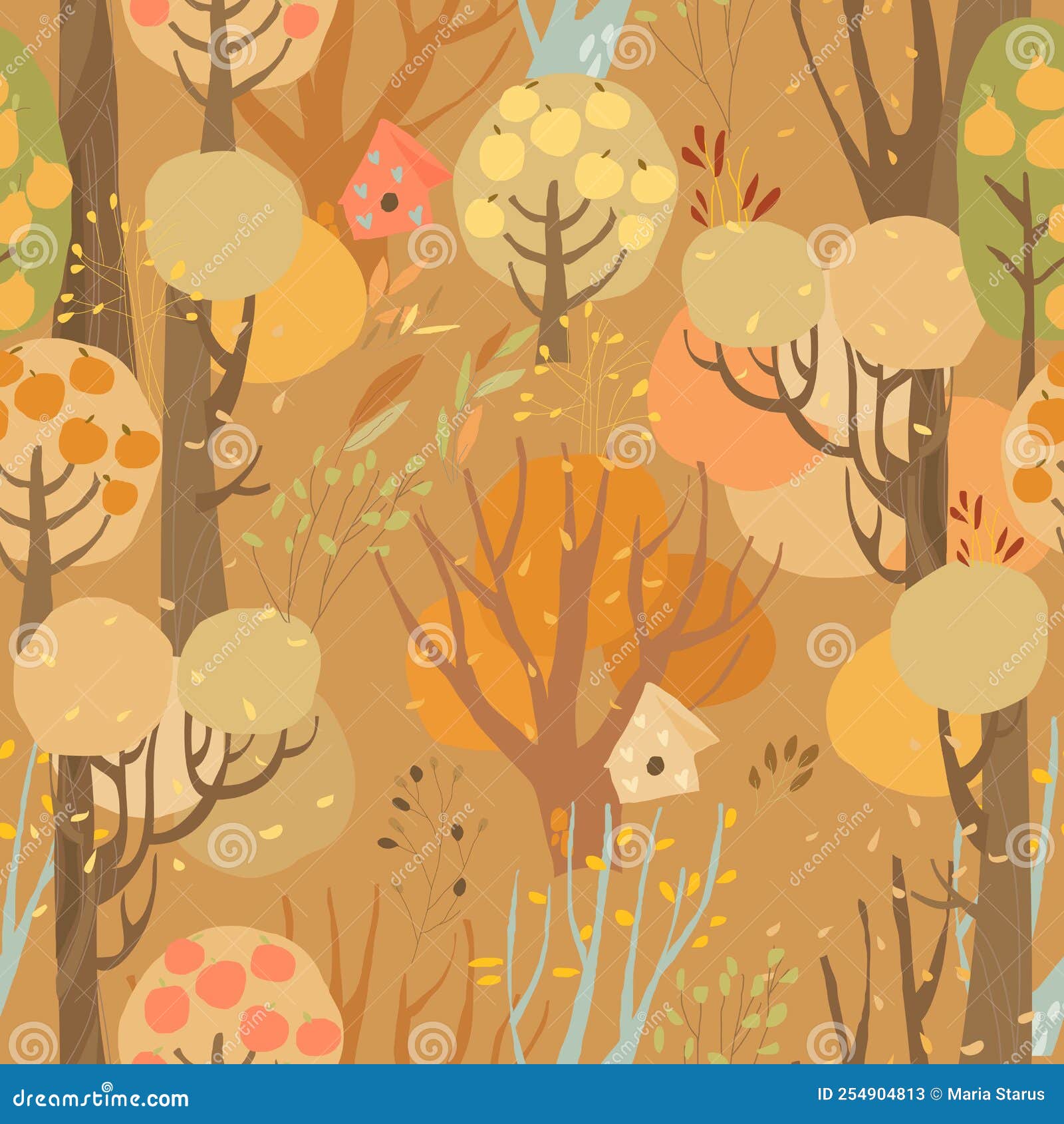 Seamless Pattern with Autumn Colorful Trees on Brown Background Stock ...