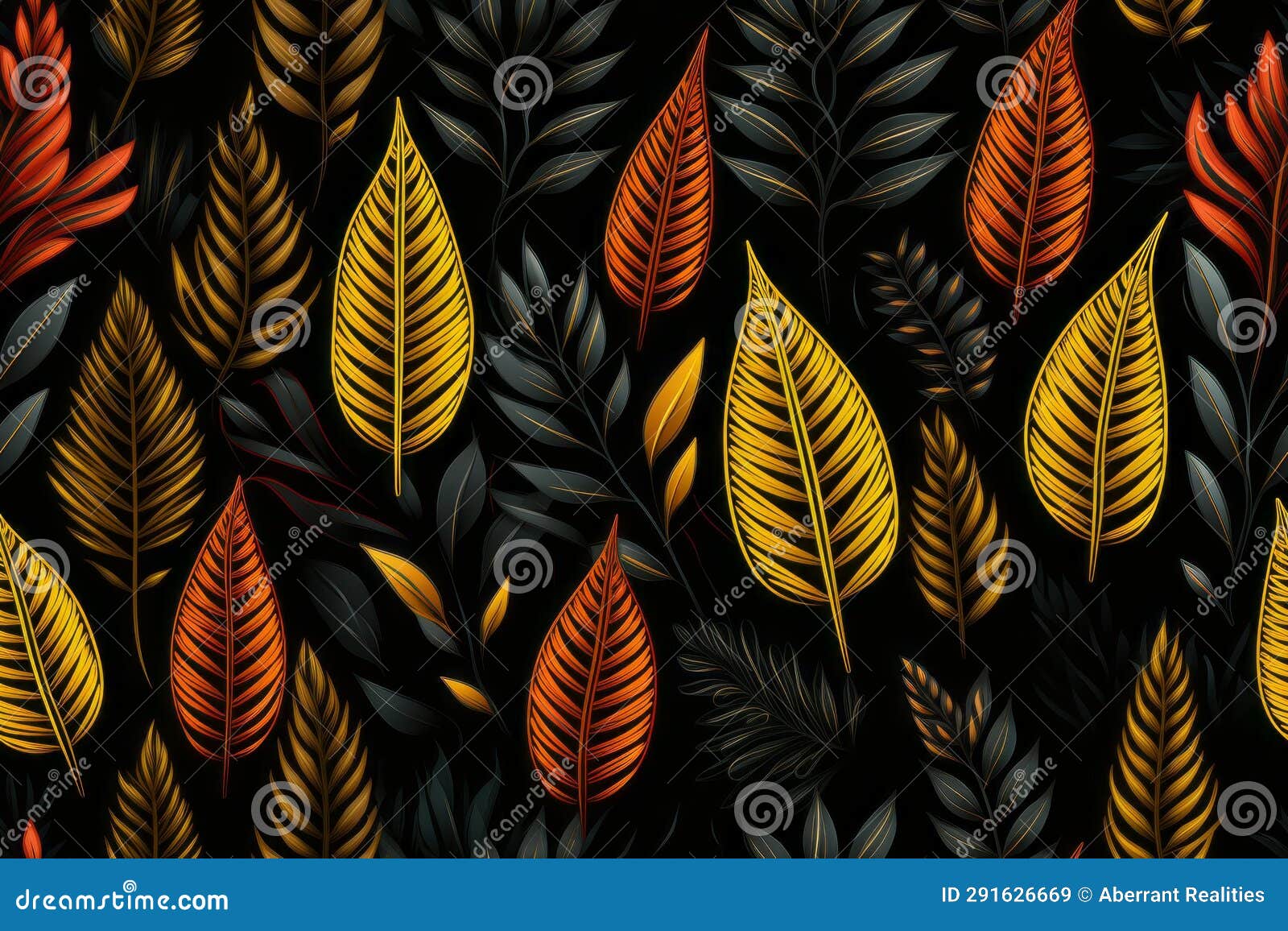 Seamless Pattern of Autumn Leaves on Black Background Stock ...