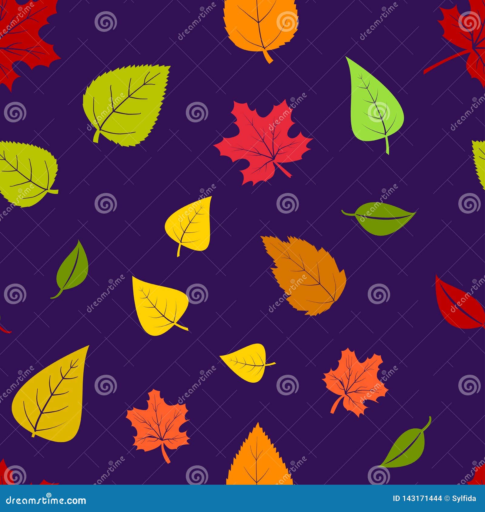 Seamless Pattern with Autumn Leaves on Purple Background. Vector ...