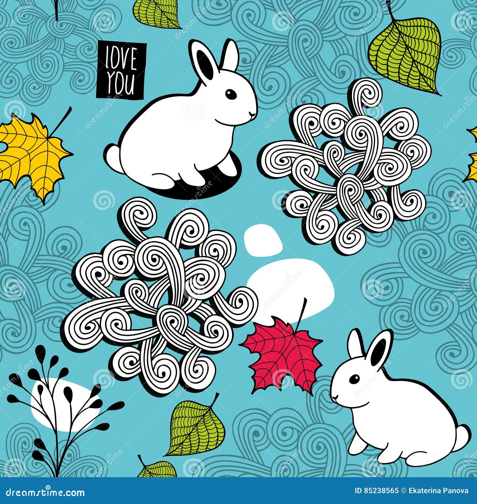 Seamless Pattern with Autumn Leaves and Small White Rabbits. Stock ...
