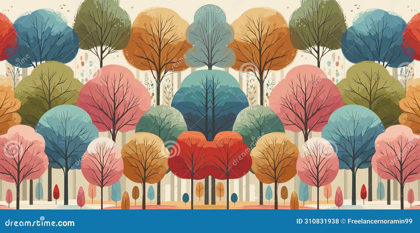 Seamless Pattern with Autumn Trees Background, Fall Nature Landscape ...