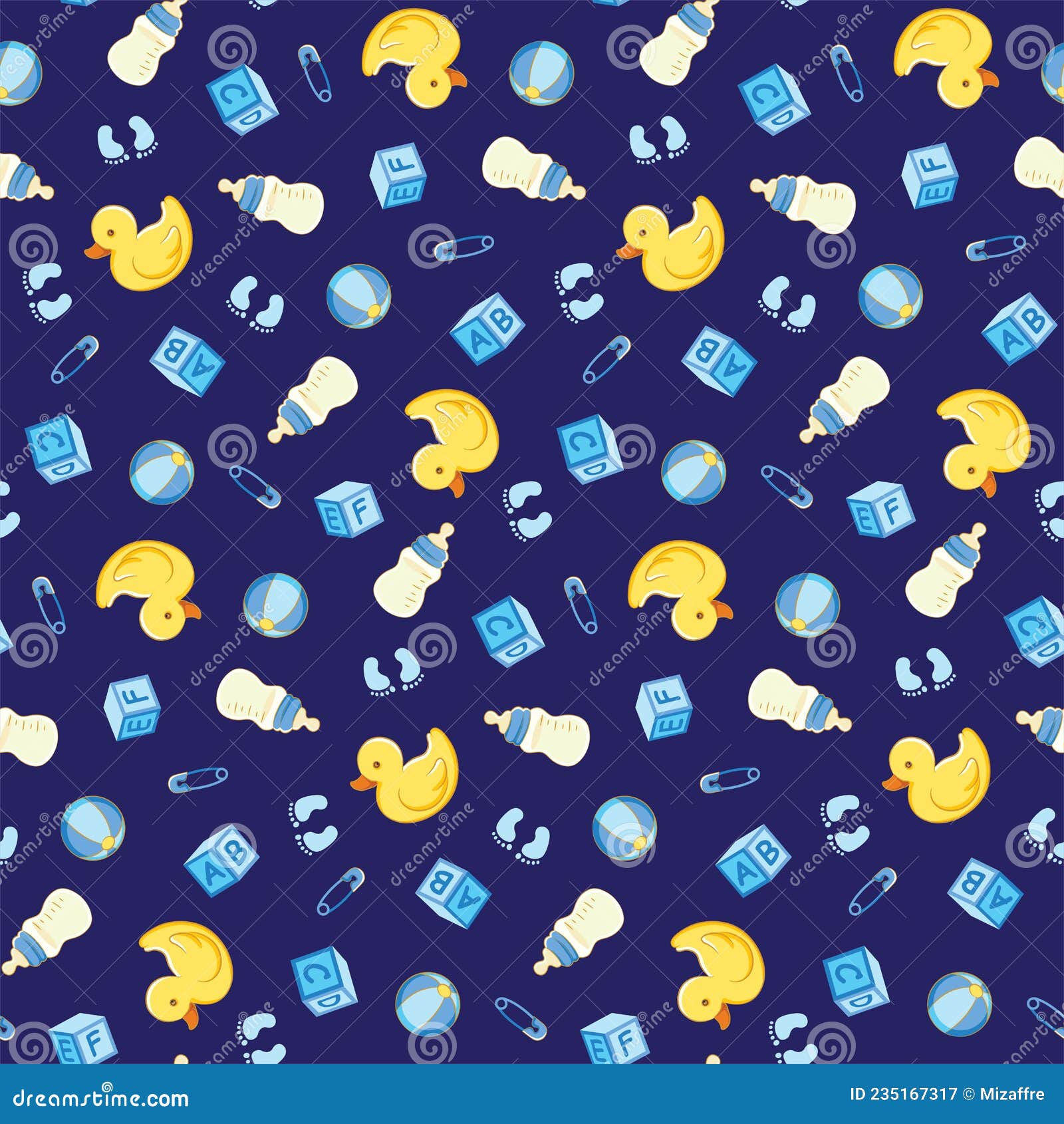 Seamless Pattern, Baby Elements with Dark Blue Color Background Stock ...