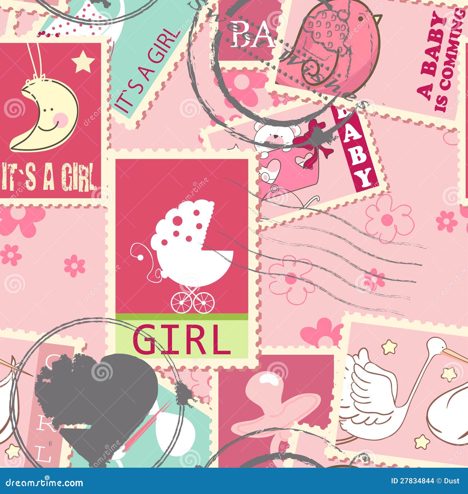 Seamless Pattern with Baby Postage Stamps Stock Vector - Illustration ...