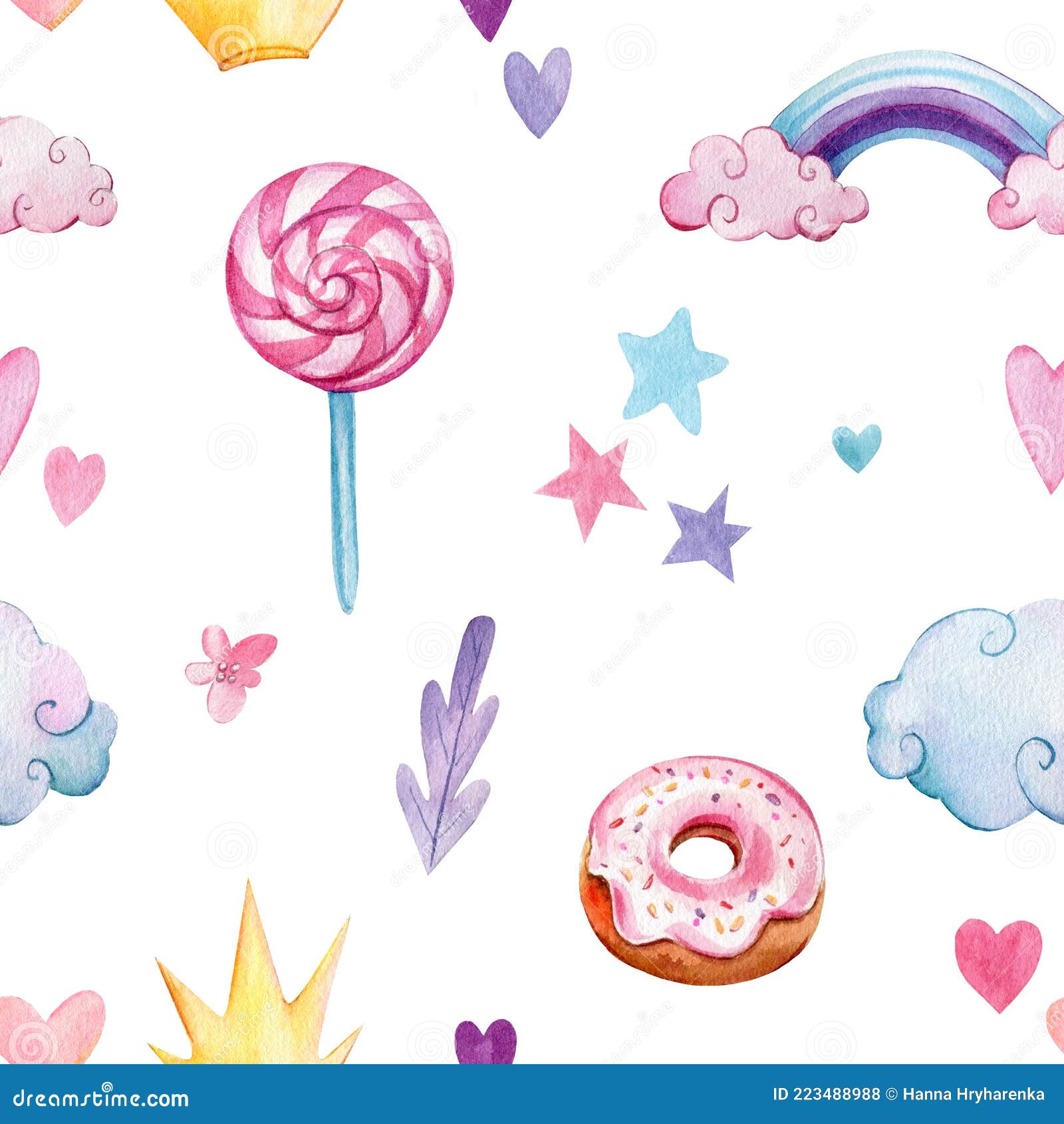 Seamless Pattern, Background with Cloud, Rainbow and Sweets Watercolor ...