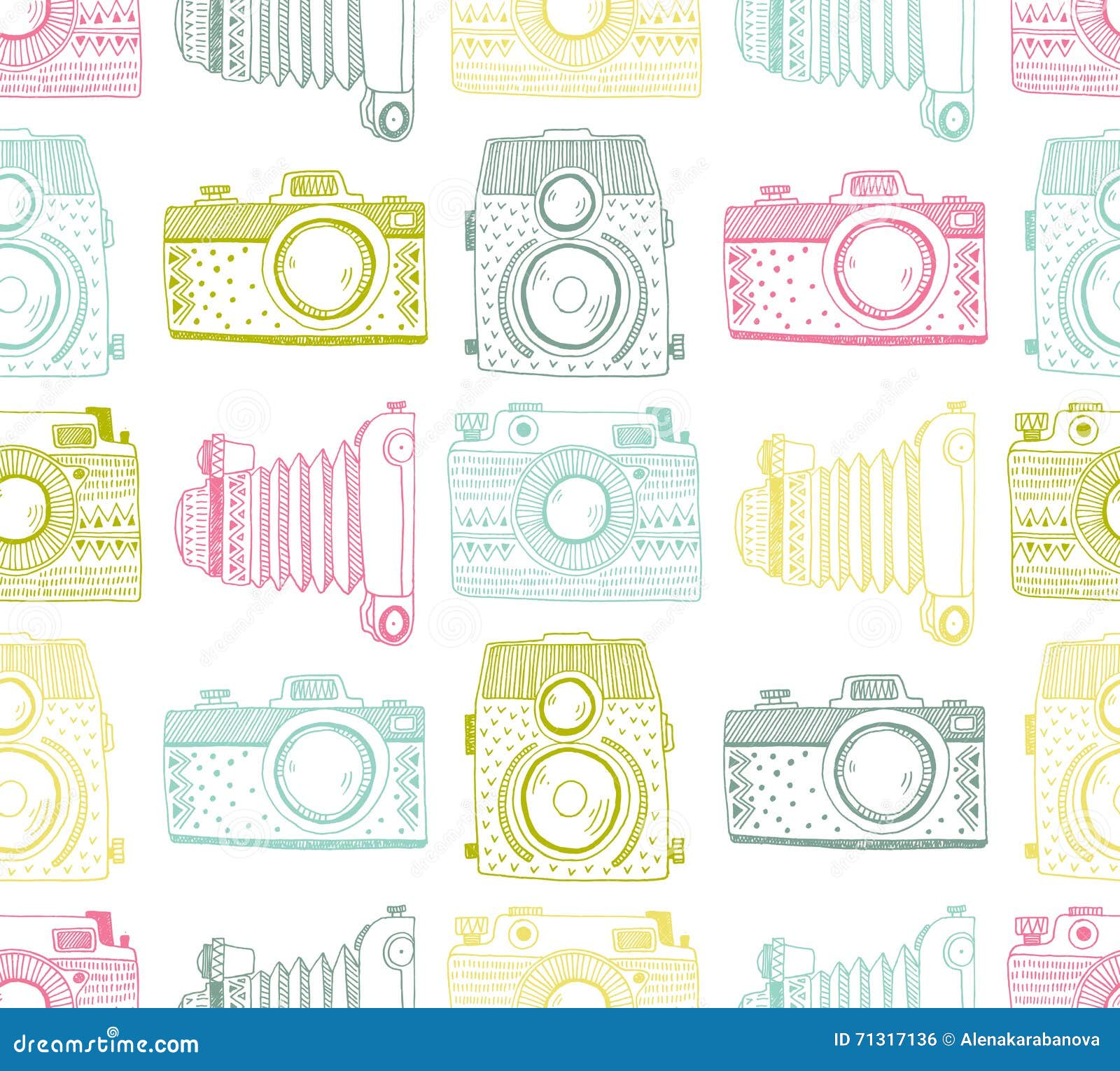 Seamless Pattern Background with Hand Drawn Ornamental Retro Cameras ...