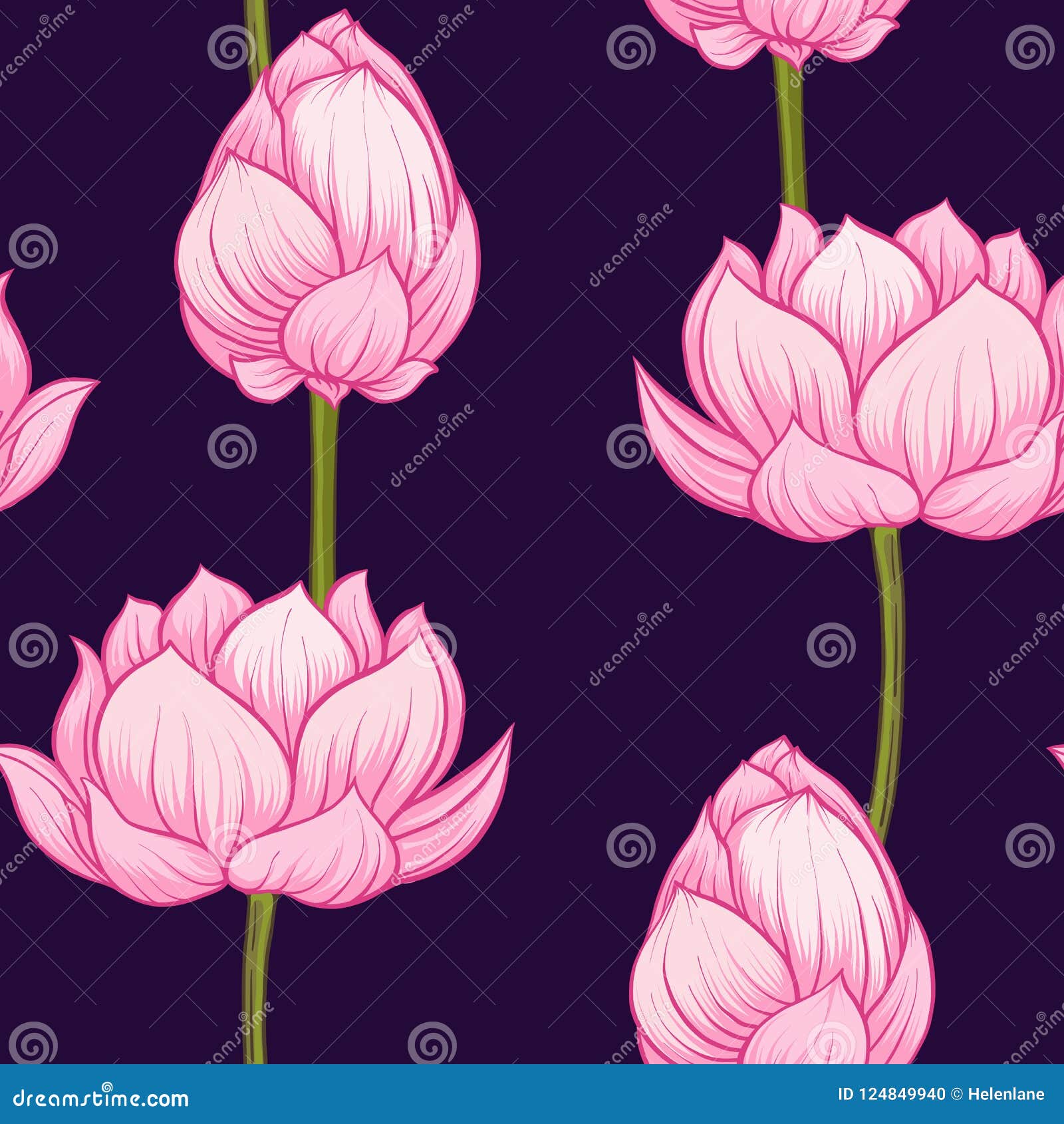 Seamless Pattern, Background with Lotus Flower. Botanical Illustration ...