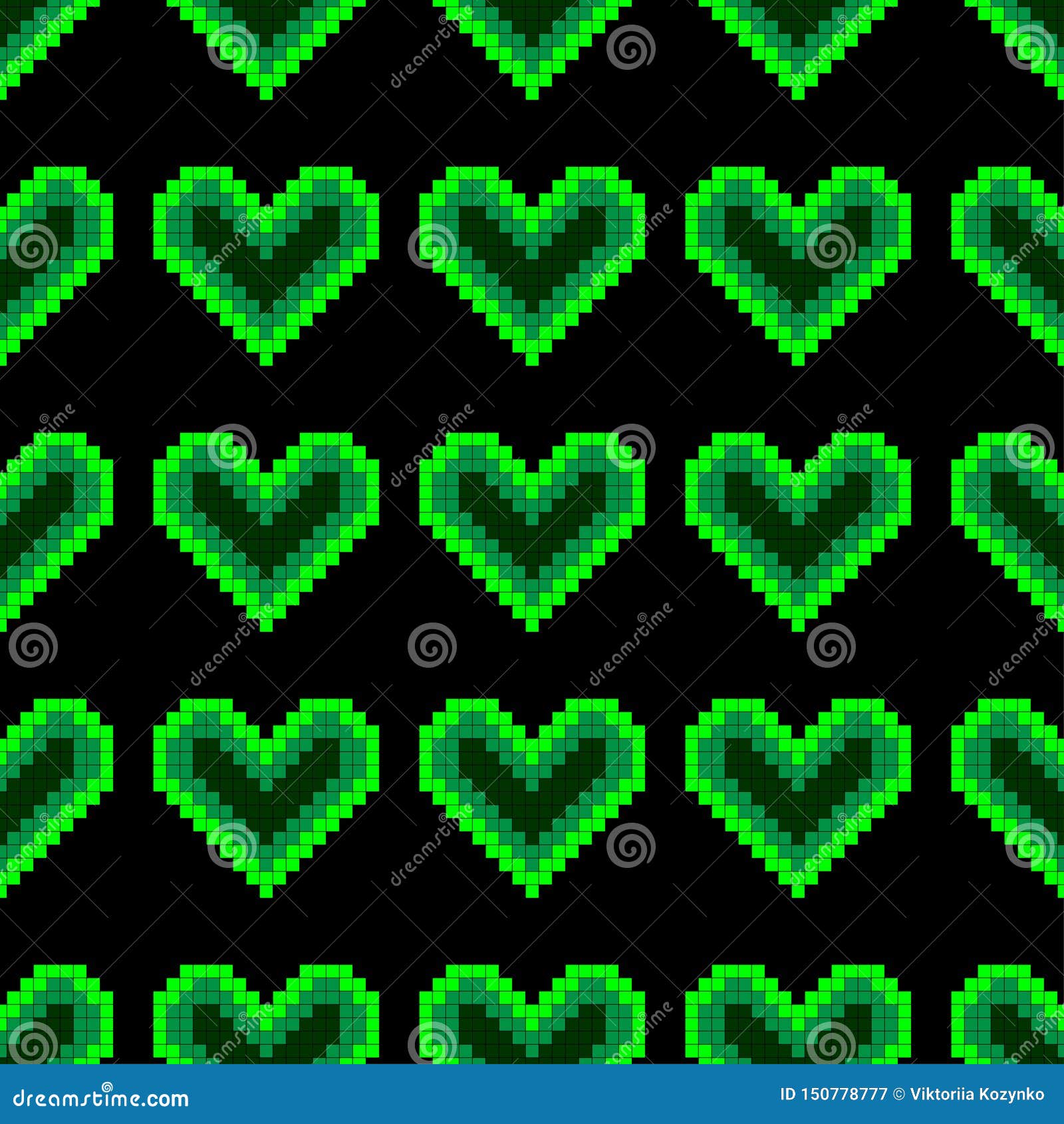 Seamless Pattern Background with Pixel Hearts, Which Glow Bright Neon ...