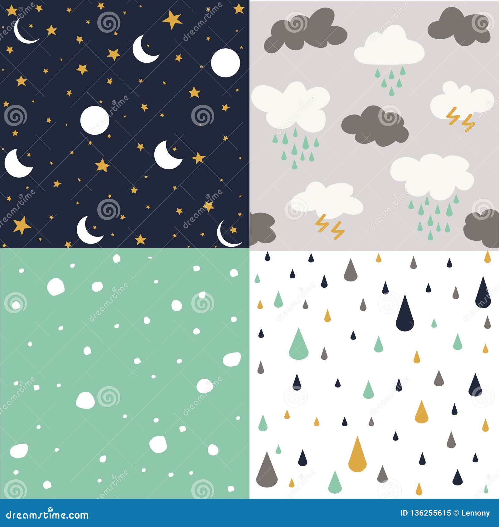 Seamless Pattern Background Set with Moon, Star, Rain, Snowflakes and ...