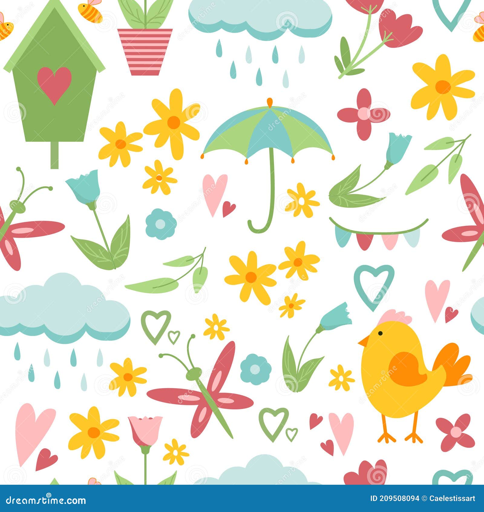 Seamless Pattern Background with Spring Easter Clip Art Set in Simple ...