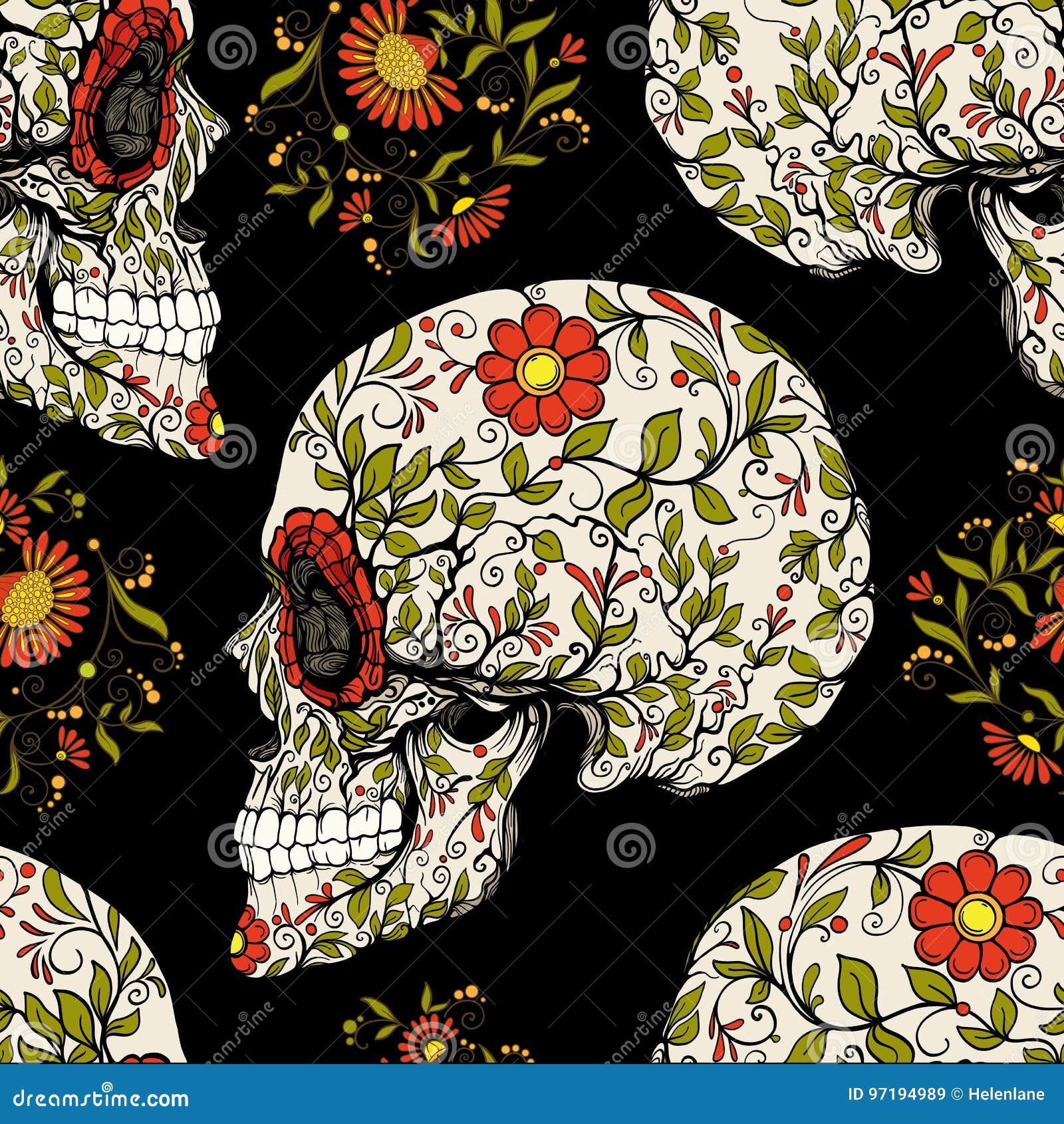 Seamless Pattern Background With Sugar Skull And Floral Patter Stock