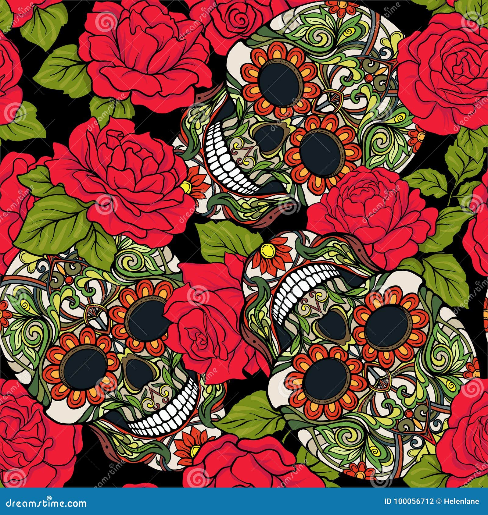 Seamless Pattern, Background with Sugar Skull and Red Roses. Stock ... Seamless Pattern, Background with Sugar Skull and Red Roses. Stock ...