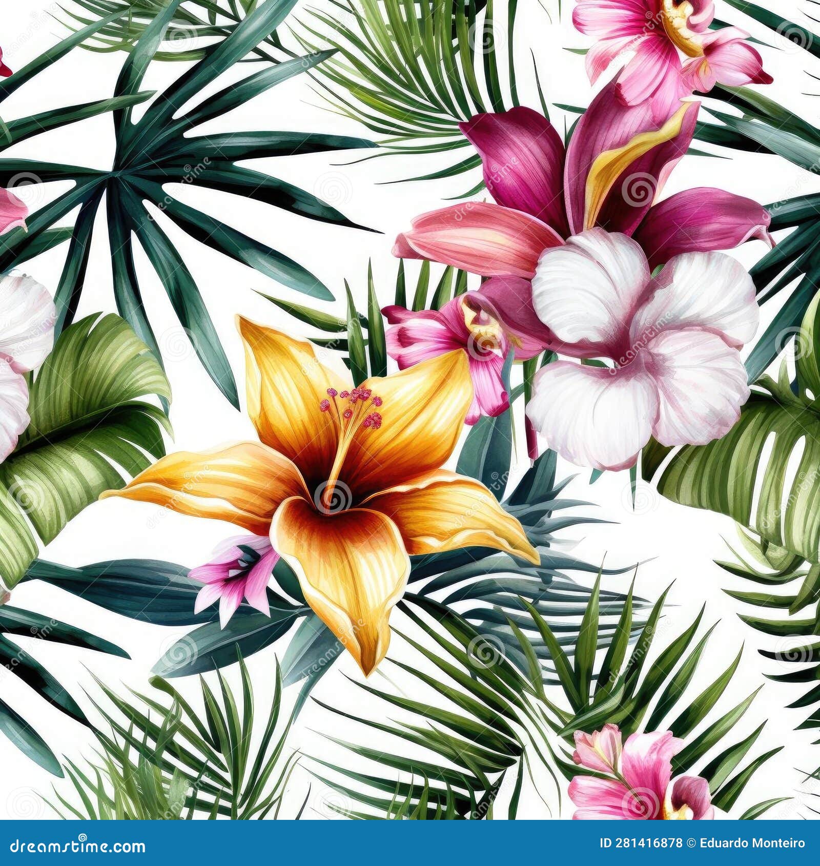 Seamless Pattern Background with Tropical Flowers and Leaves - Vector ...