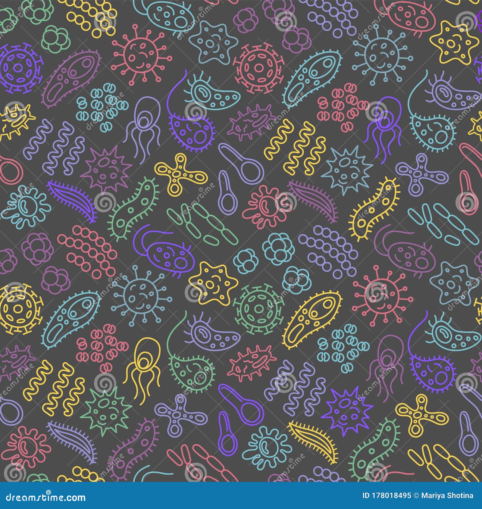 Seamless Pattern With Bacteria, Viruses And Germs. Microorganism Cells ...