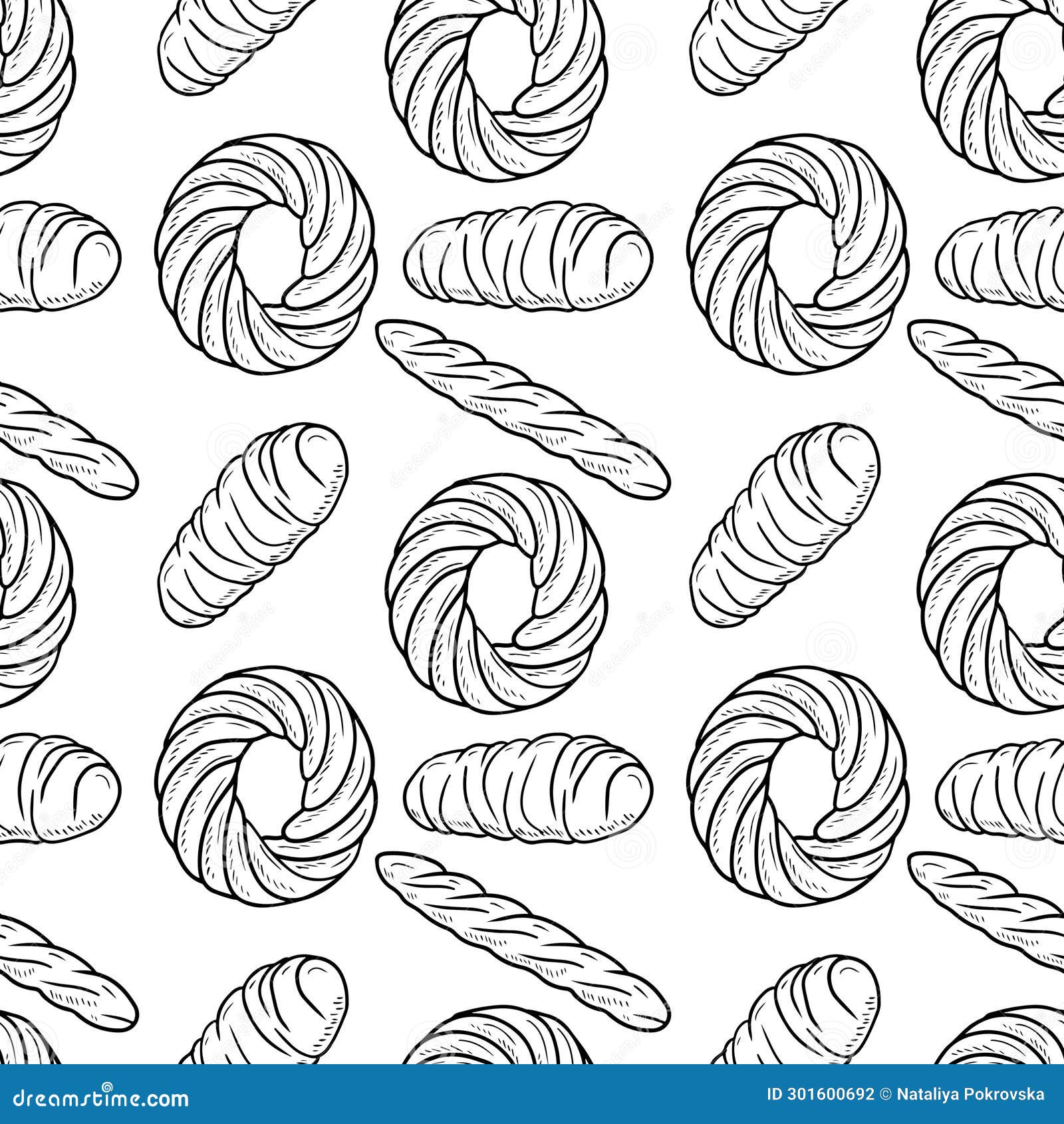 Seamless Pattern with Bakery Products Bread and Ring Shape Pastry Bun ...