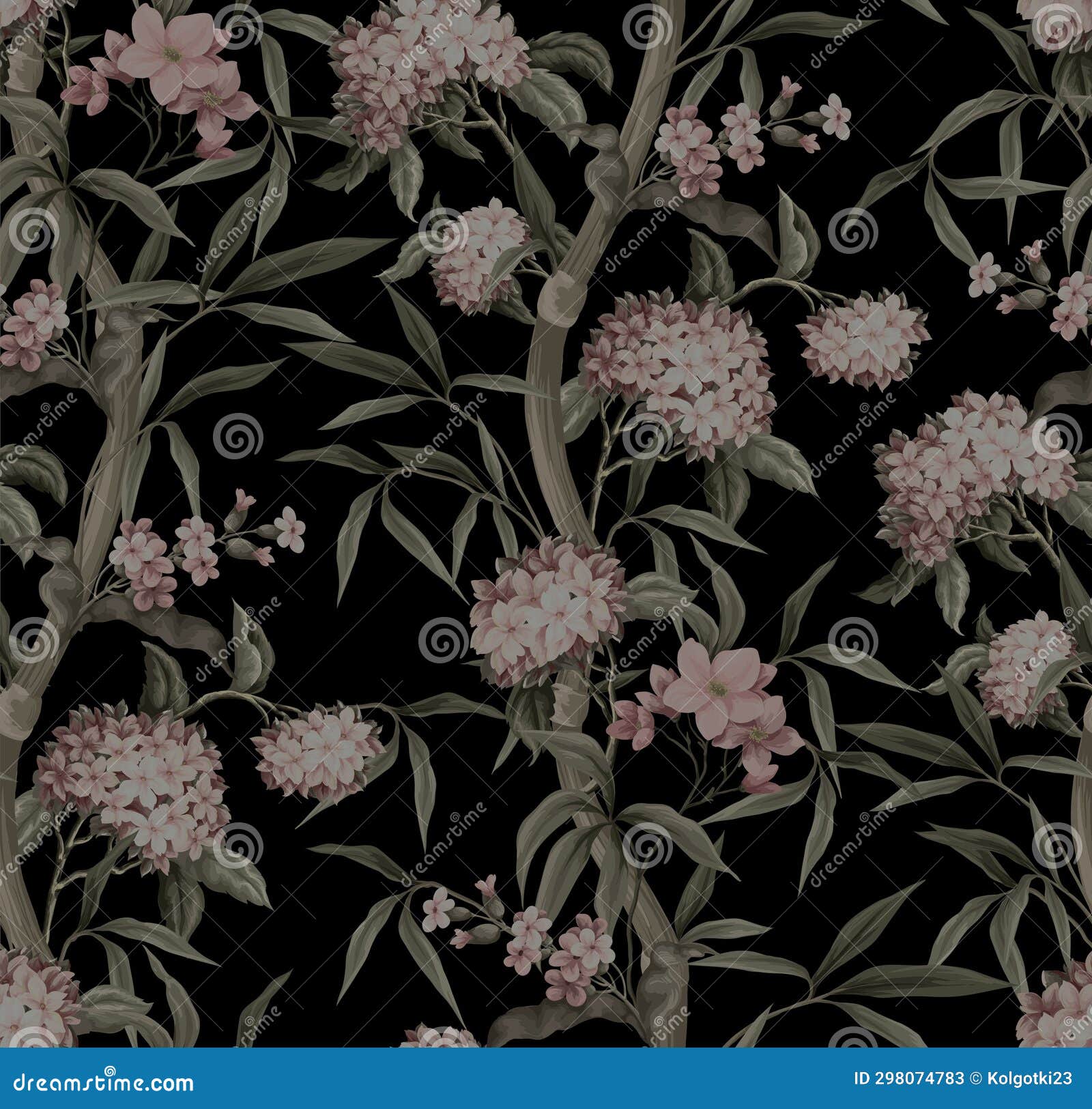 Seamless Pattern with Bamboo and Pink Flowers. Vector. Stock Image ...