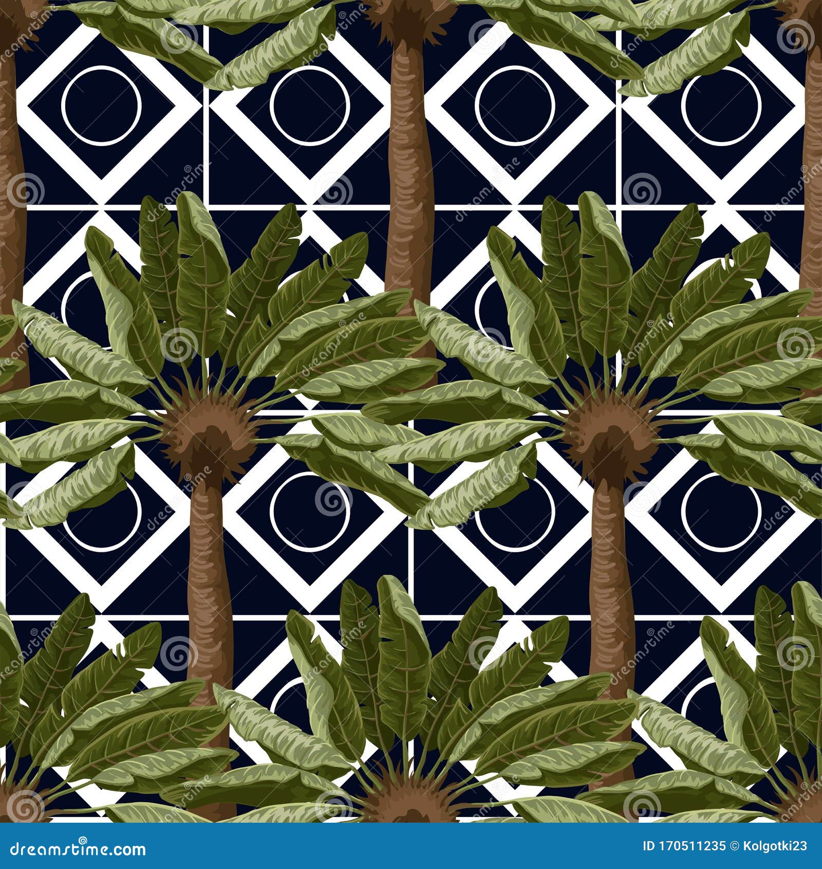 Seamless Pattern with Banana Trees and Geometrical Elements. Vector ...