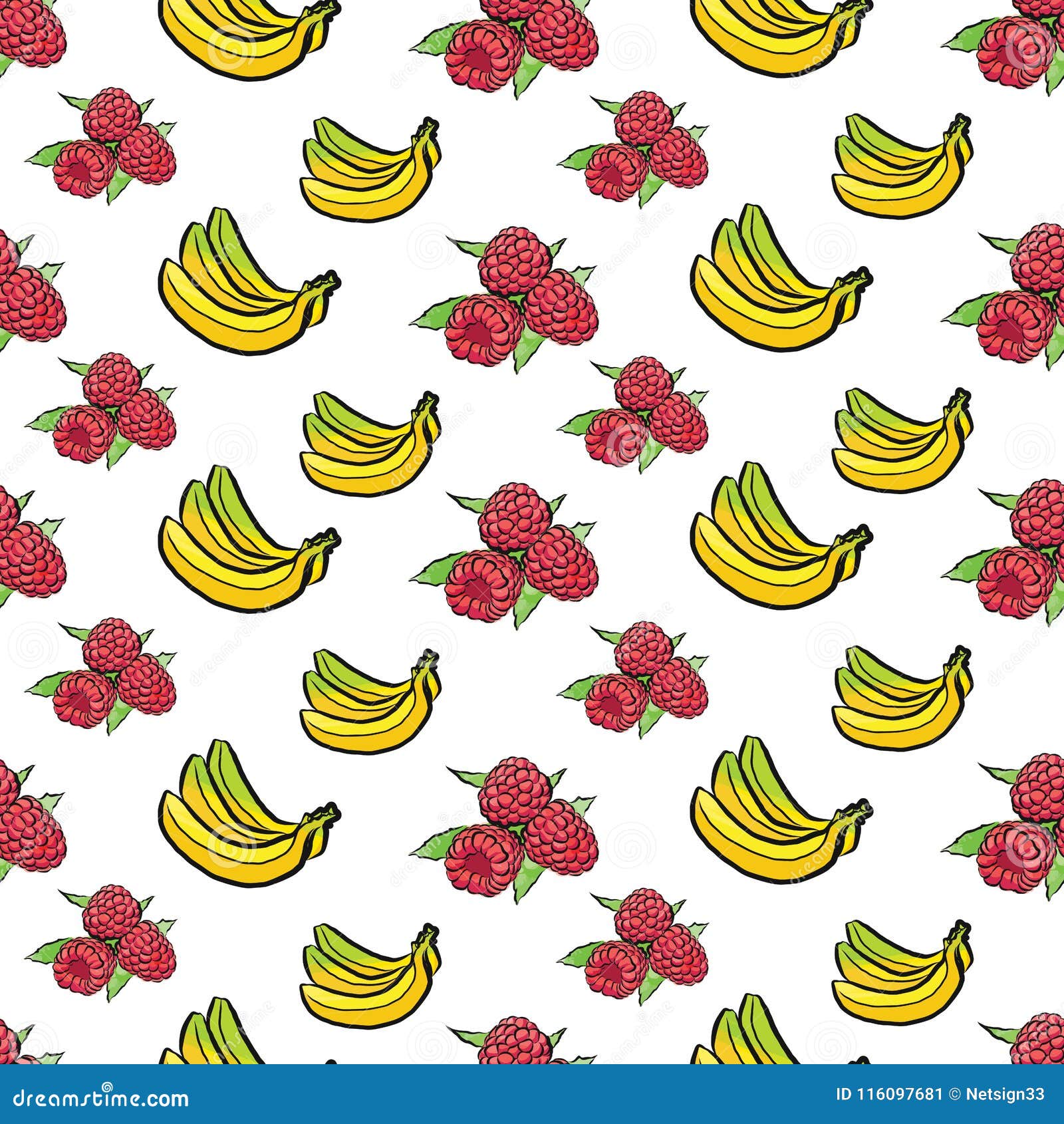 Seamless Pattern of Bananas and Raspberries Stock Vector - Illustration ...