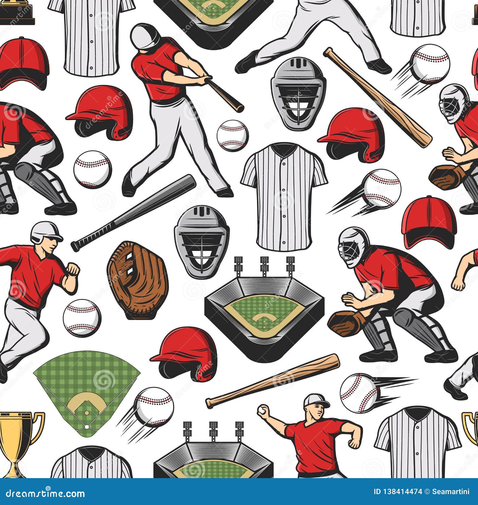 Seamless Pattern, Baseball Game Items and Players Stock Vector ...