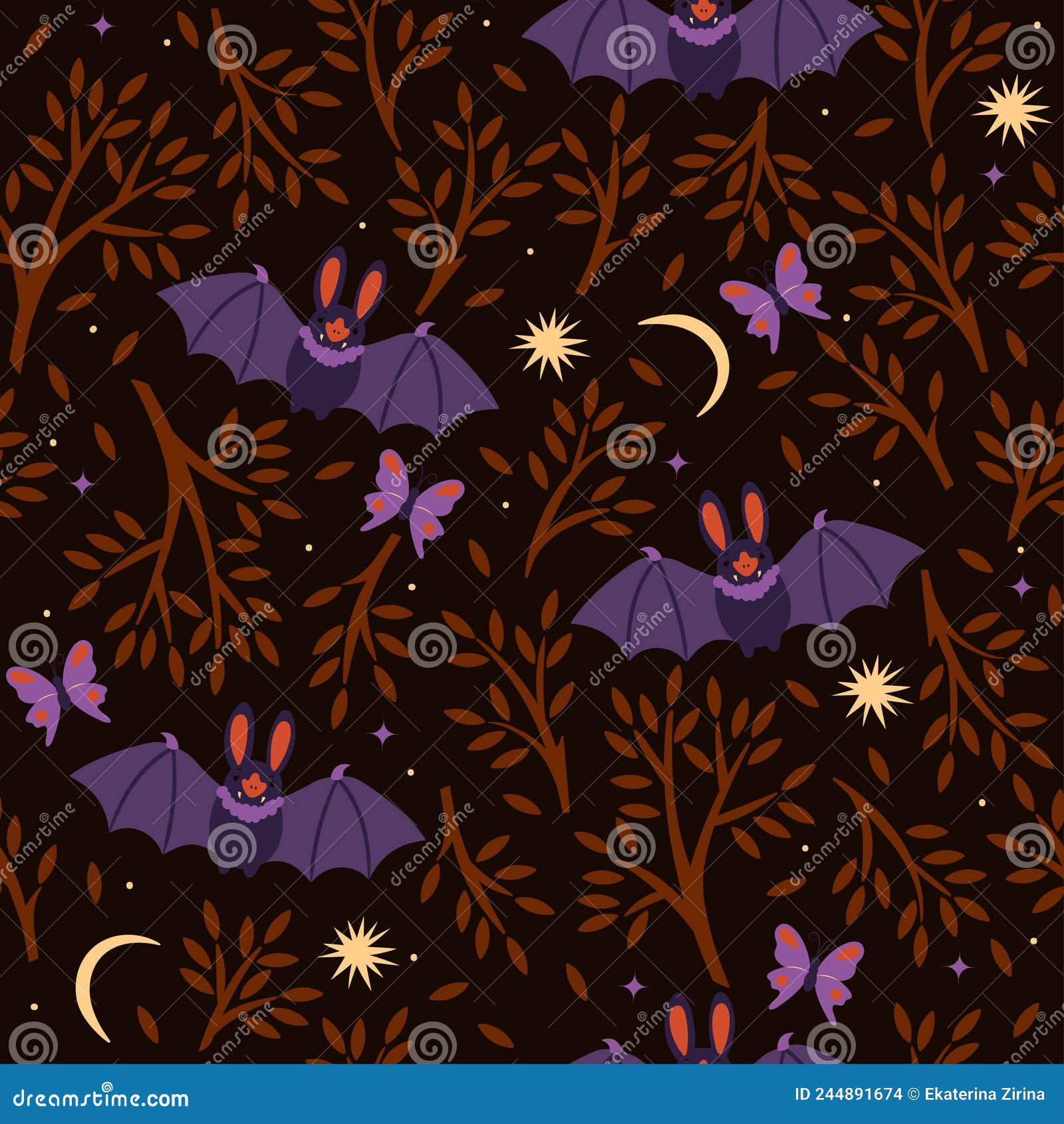 Seamless Pattern with Bats and Branches. Vector Graphics Stock Vector ...