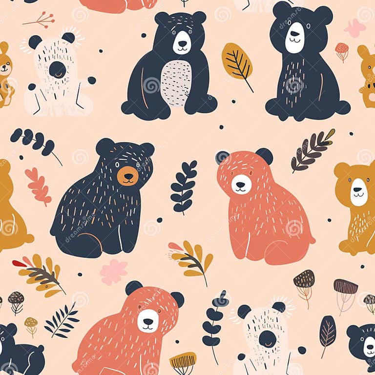 Seamless Pattern of Bears on Peach Background. Abstract Design for ...