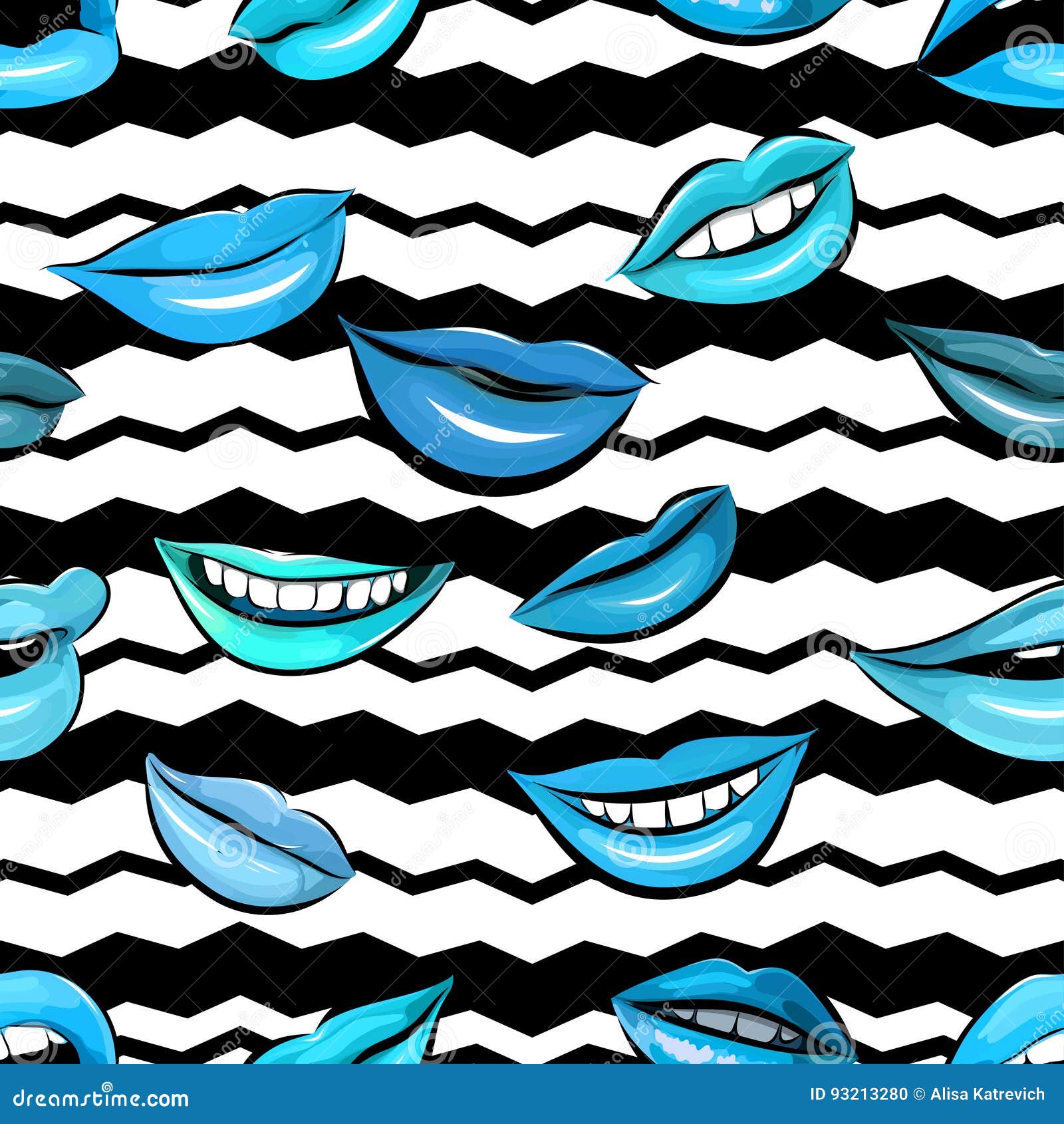 Seamless Pattern with Beautiful Blue Colors Lips Prints on Chevron ...