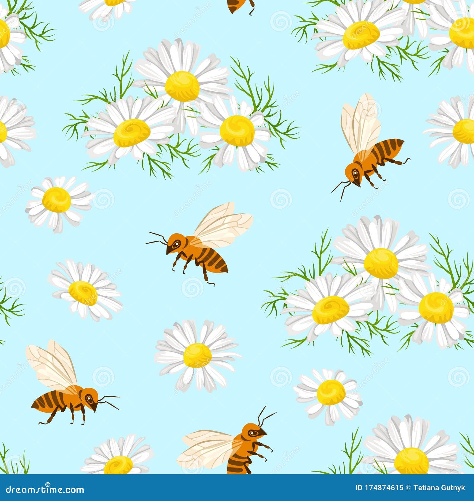 Seamless Pattern with Beautiful Daisies and Honey Bees on Blue ...