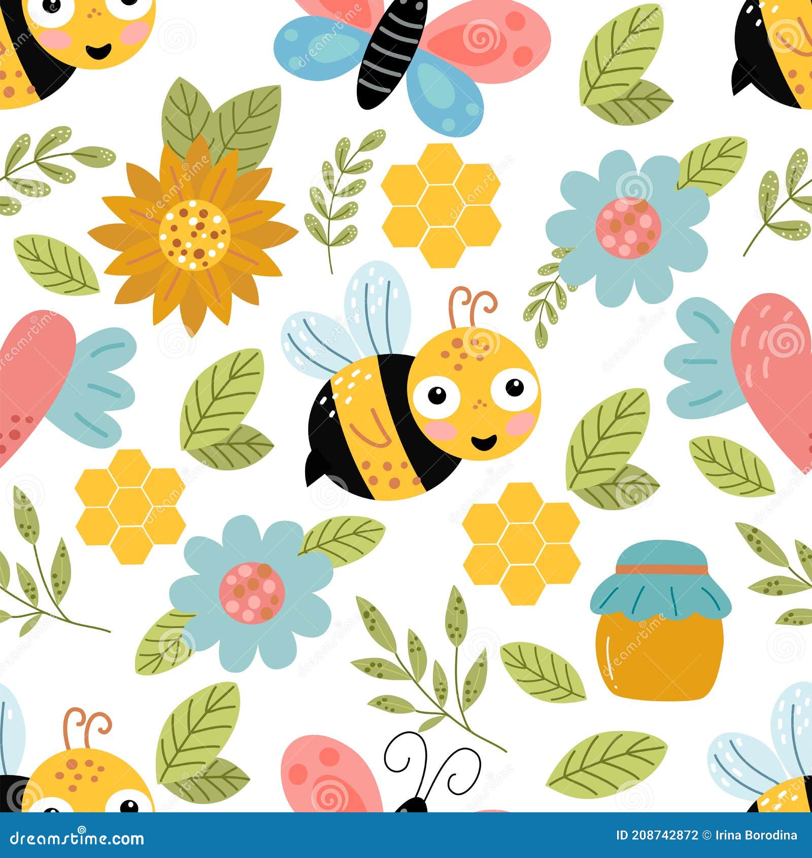 Seamless Pattern with Bee, Flowers, Honey Stock Vector - Illustration ...