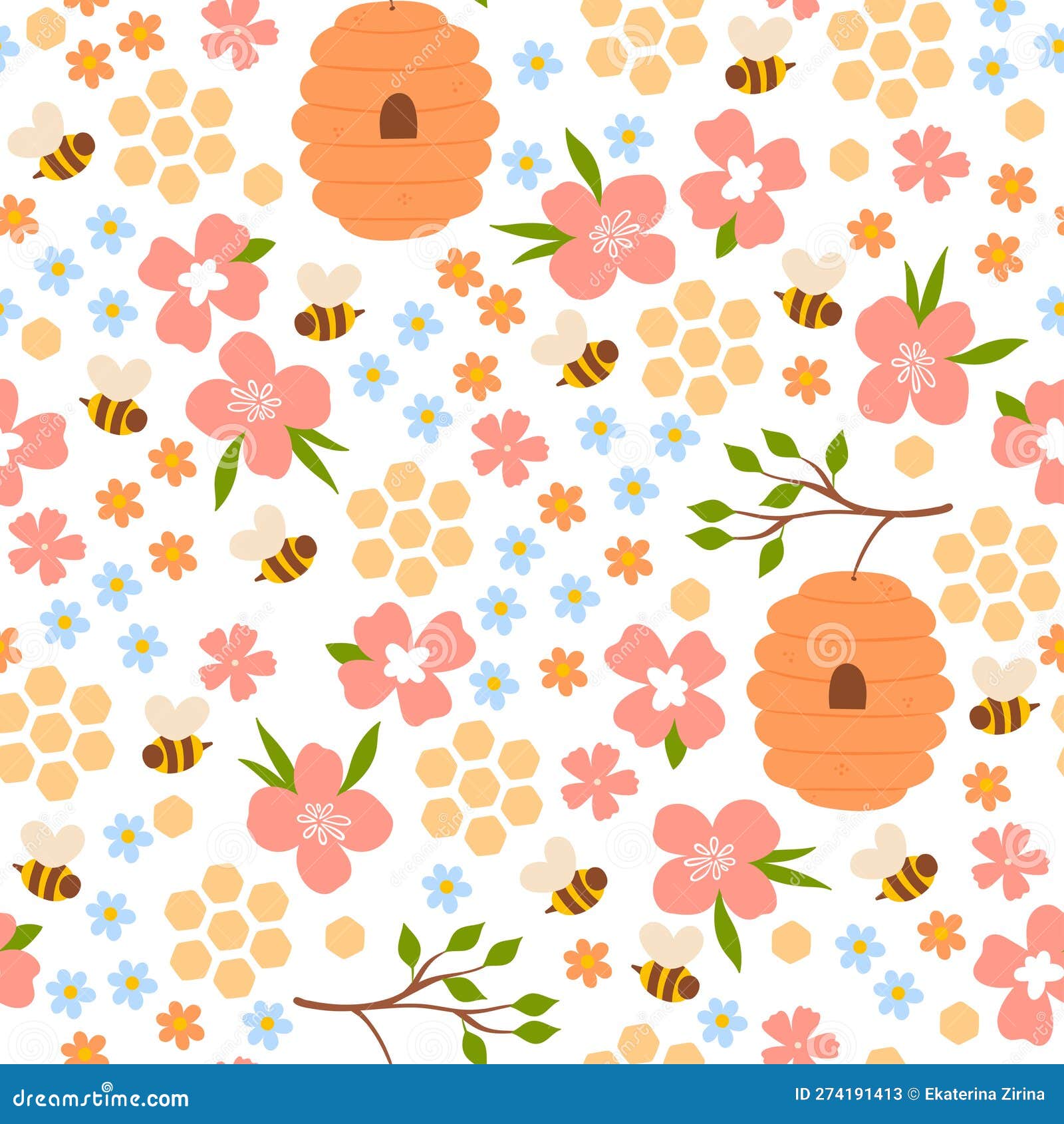 Seamless Pattern of Bees, Beehives and Flowers. Vector Graphics Stock Vector - Illustration of ...