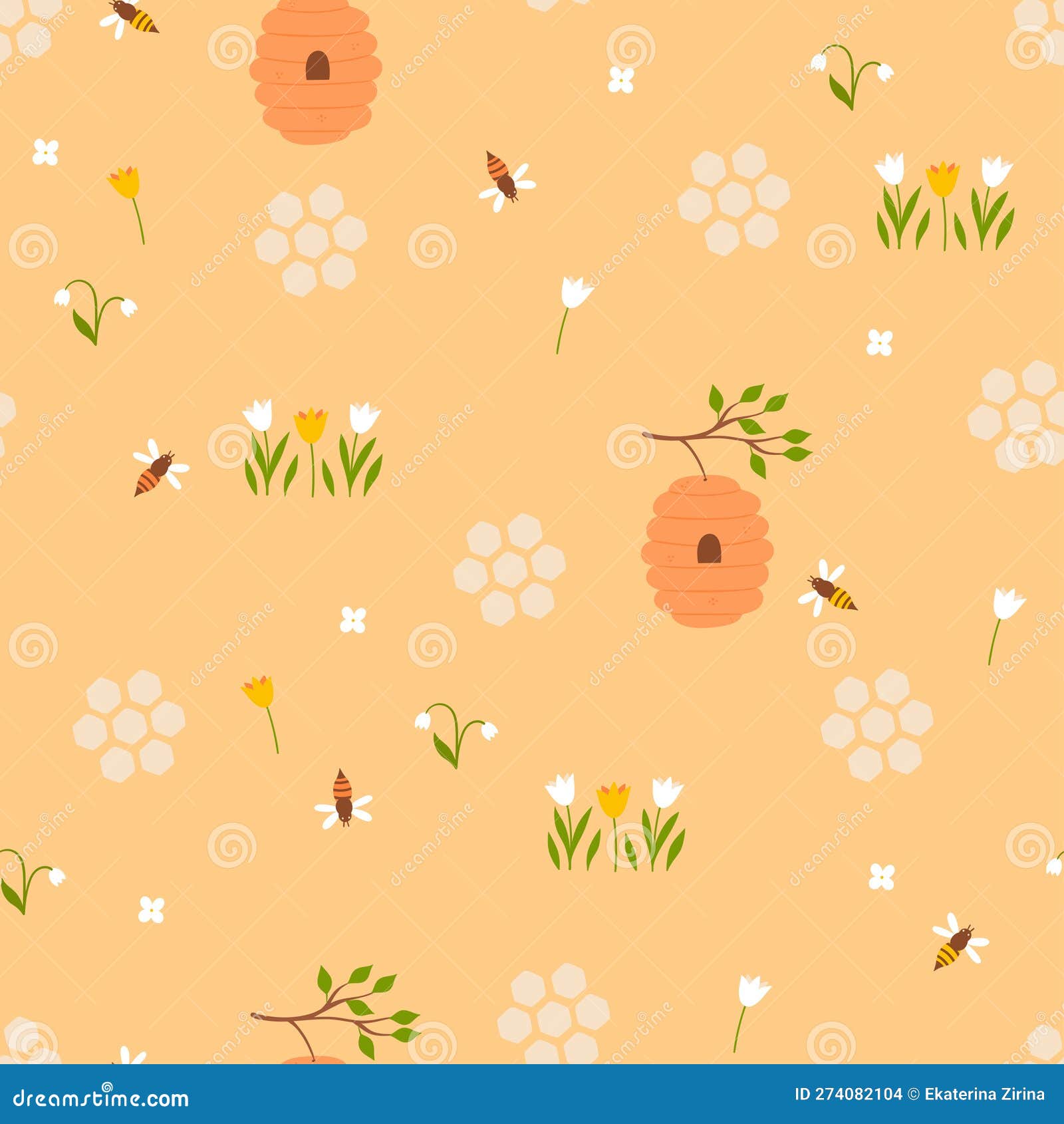 Seamless Pattern With Bees, Flowers And Beehives. Vector Graphics ...
