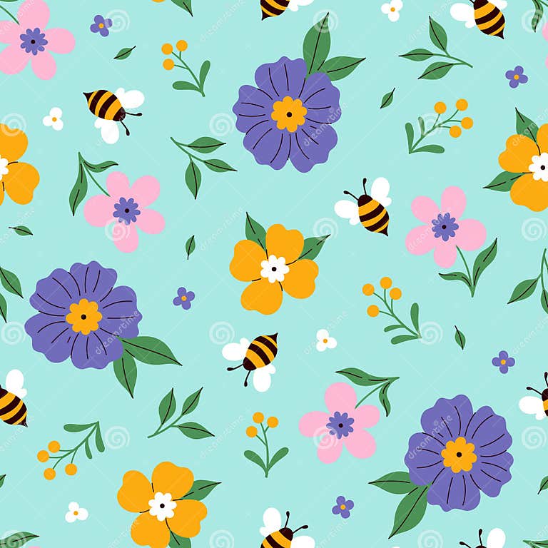 Seamless Pattern with Bees and Flowers. Vector Graphics Stock ...