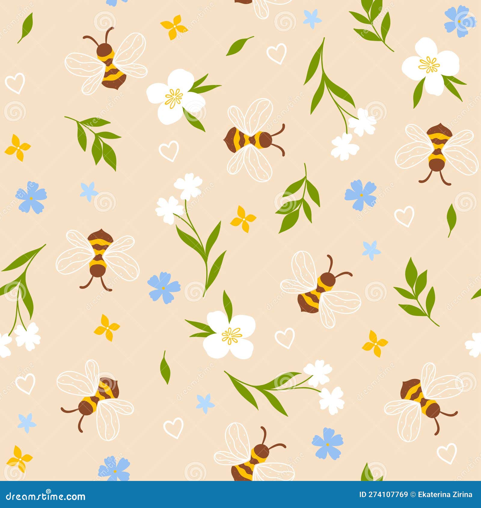 Seamless Pattern with Bees and Flowers. Vector Graphics Stock Vector ...