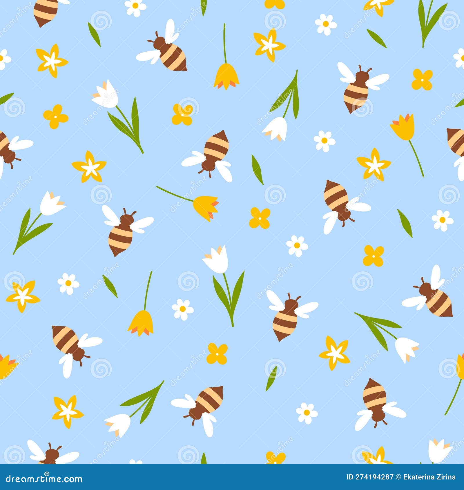 Seamless Pattern of Bees and Flowers. Vector Graphics Stock Vector ...