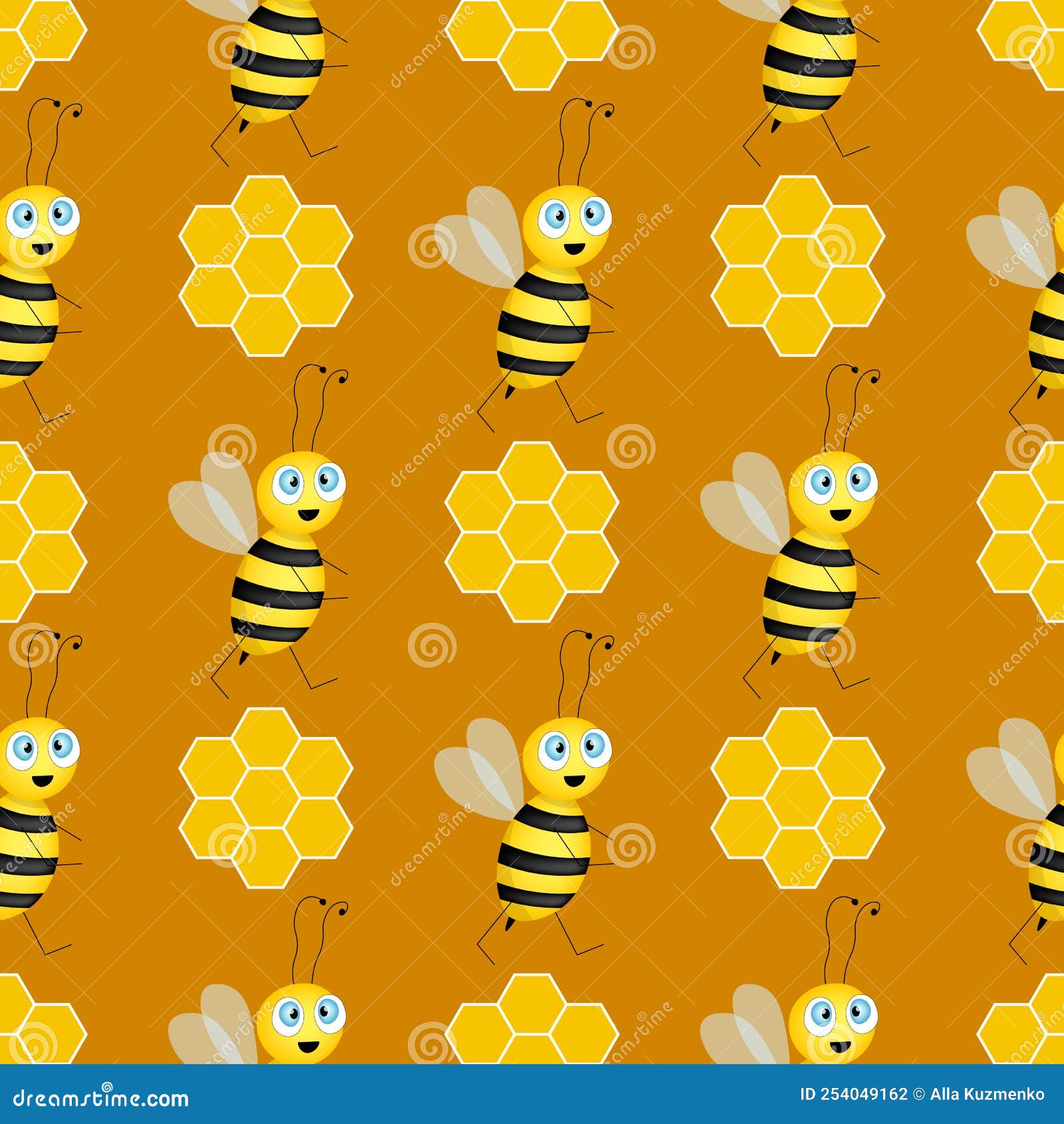 Seamless Pattern with Bees and Honeycombs on Brown Background. Small ...