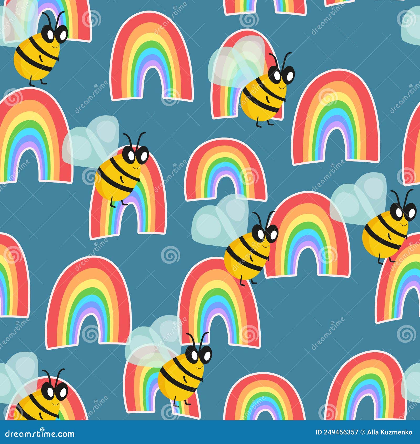 Seamless Pattern with Bees and Rainbow. Small Wasp. Vector Illustration ...