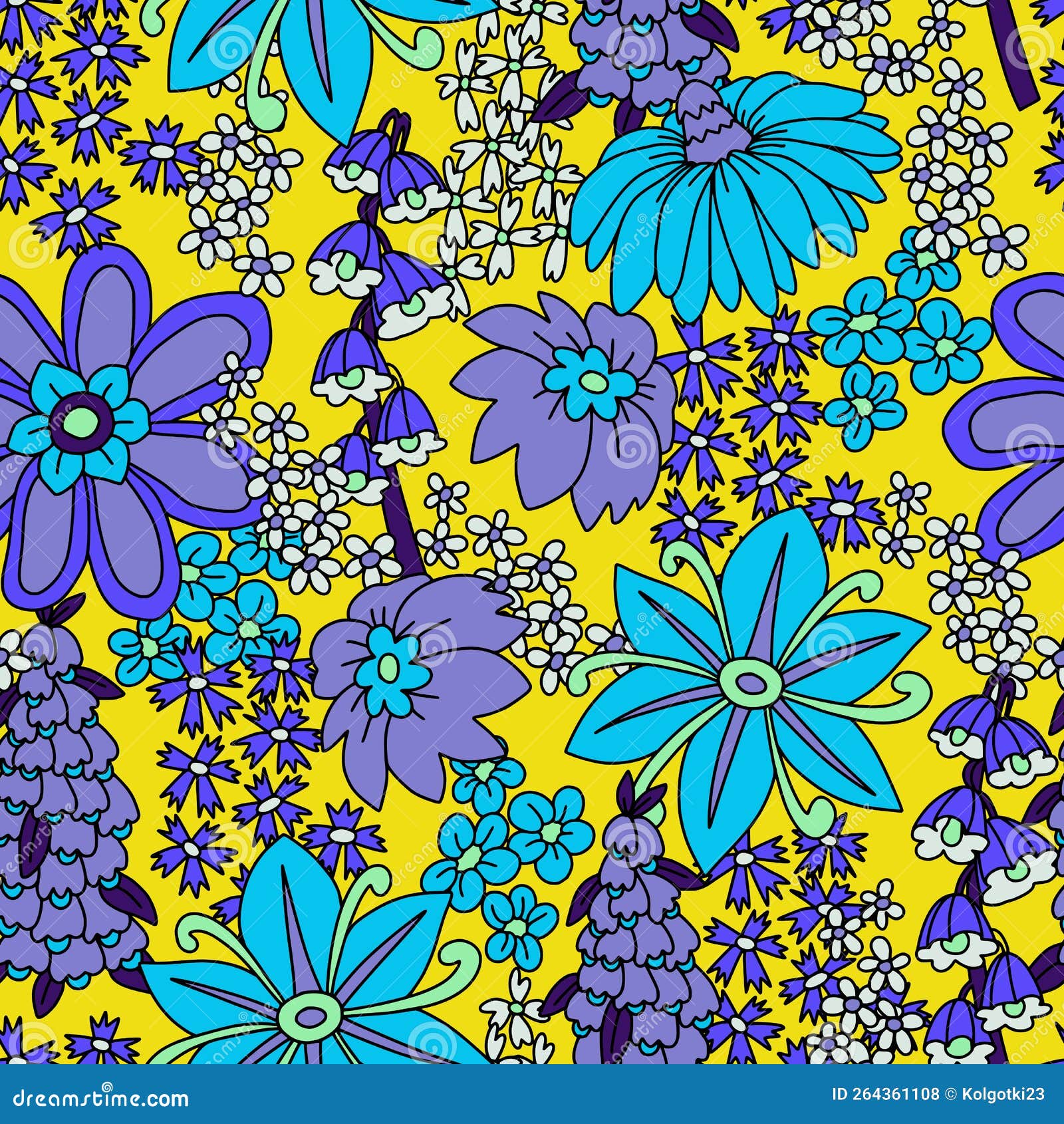 Seamless Pattern with Big Flowers in Hippie Style. Vector. Stock Vector ...