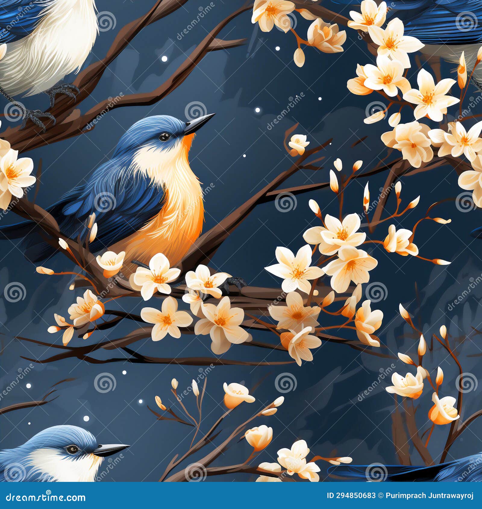 Seamless Bird on a Branch of Sakura Illustration Graphics Generative Ai ...