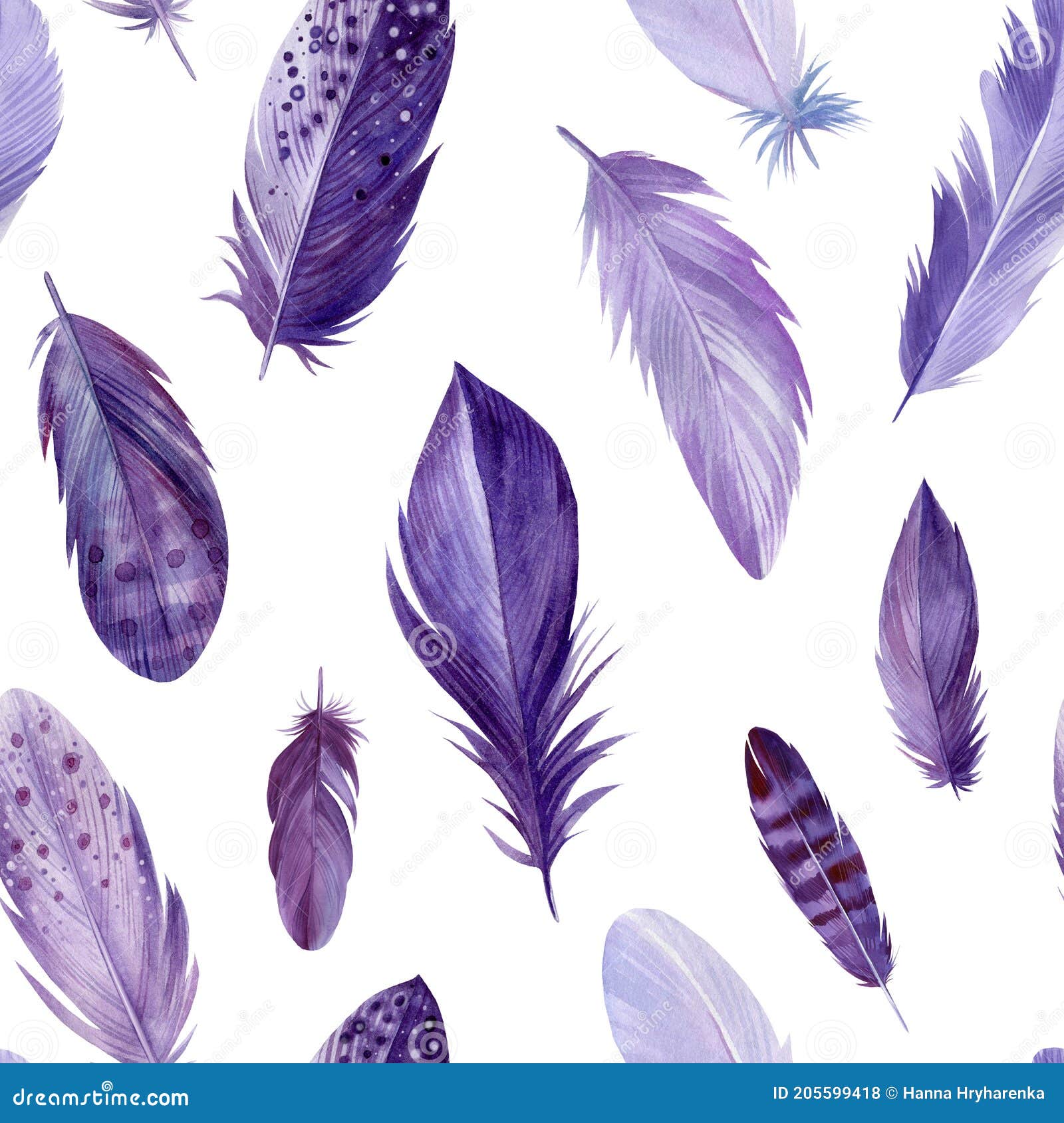 Seamless Pattern Bird Feathers, Watercolor Illustration Stock Photo ...
