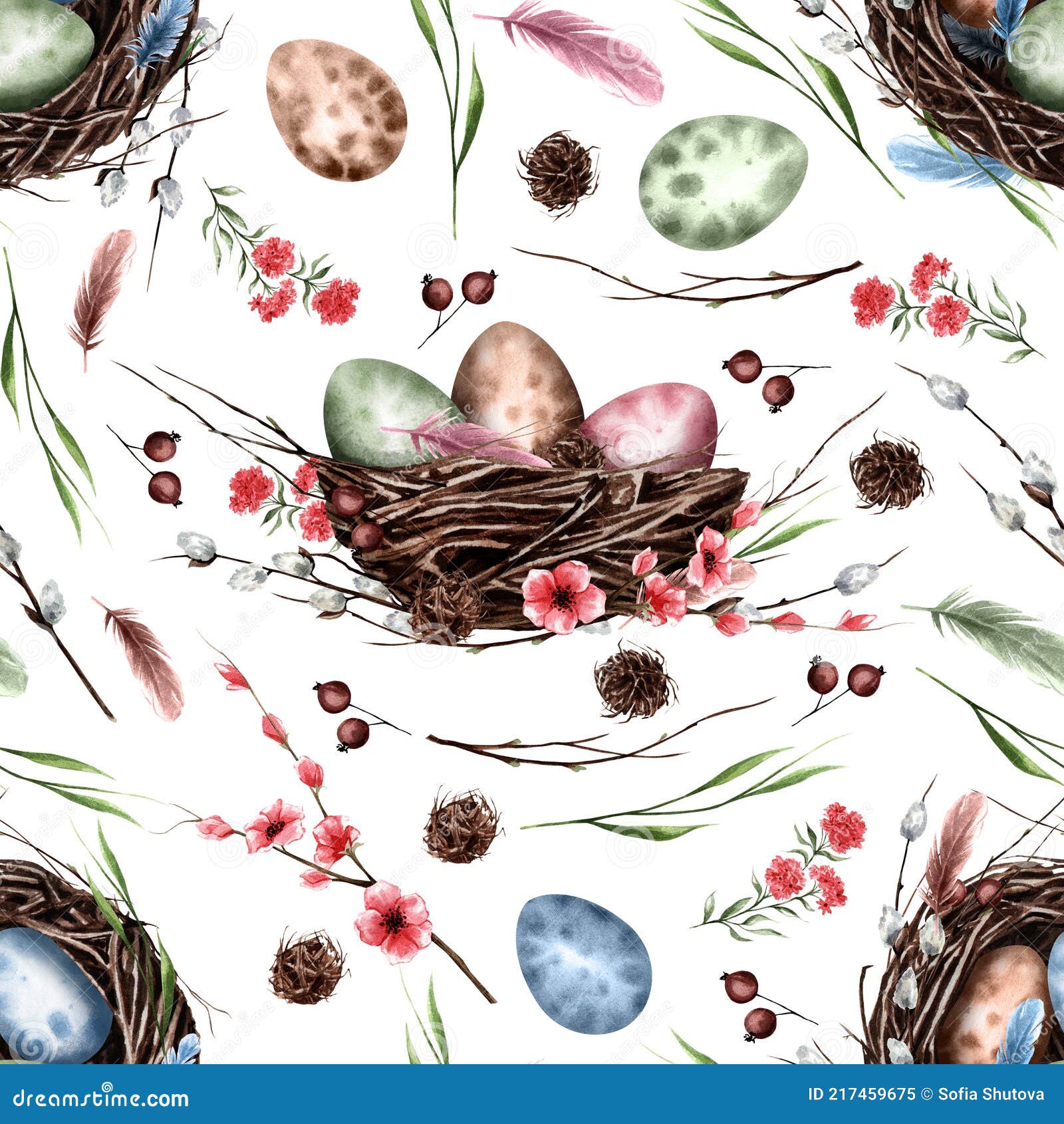 Seamless Pattern with Bird`s Nest and Eggs for Easter. Branches ...