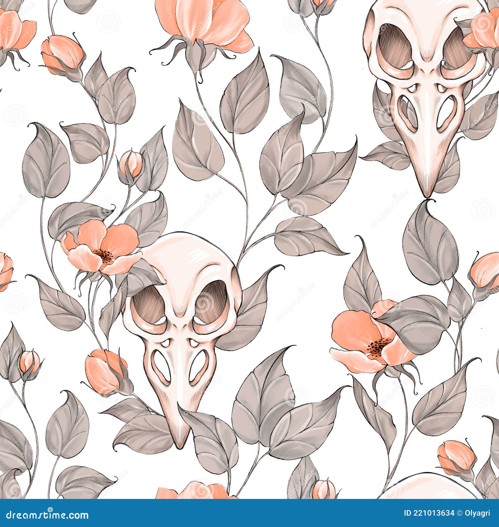 Seamless Pattern with Bird Skull with Leaves and Flowers Stock ...