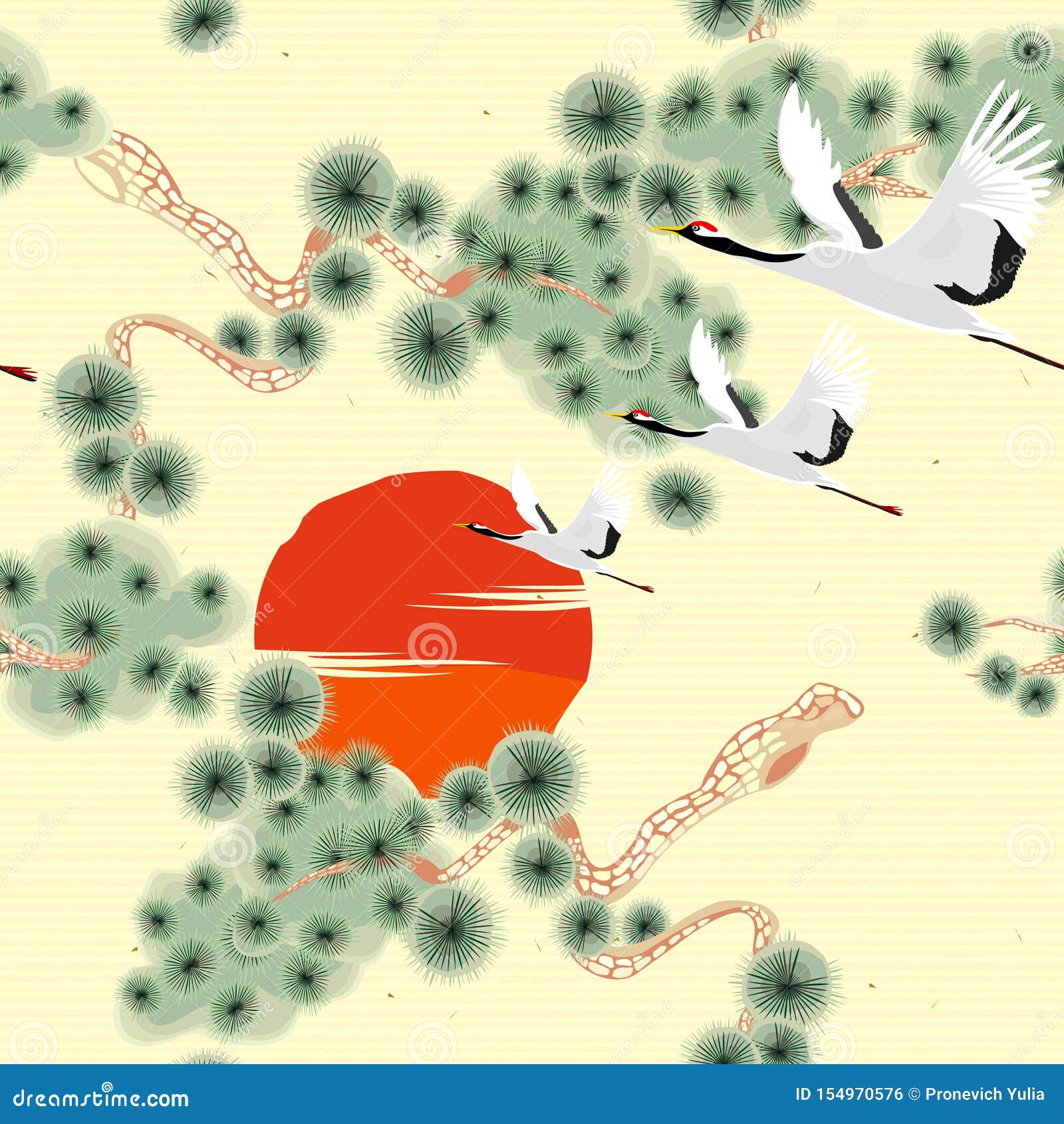 Seamless Pattern with Birds Flying. Cranes & Pine Tree. Japanese ...