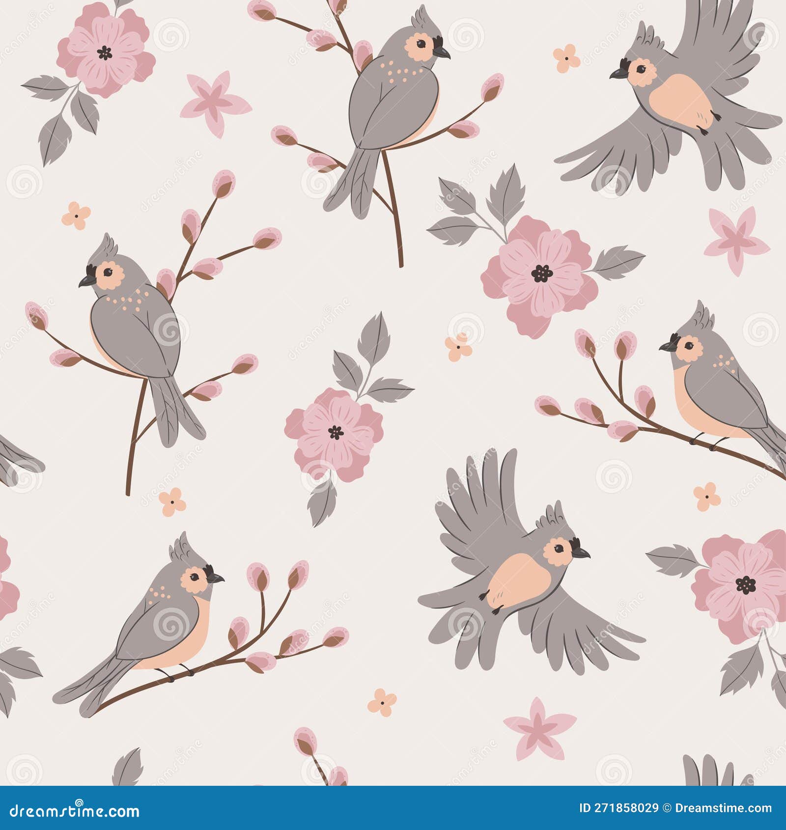 Seamless Pattern with Birds and Pink Flowers. Vector Graphics Stock ...