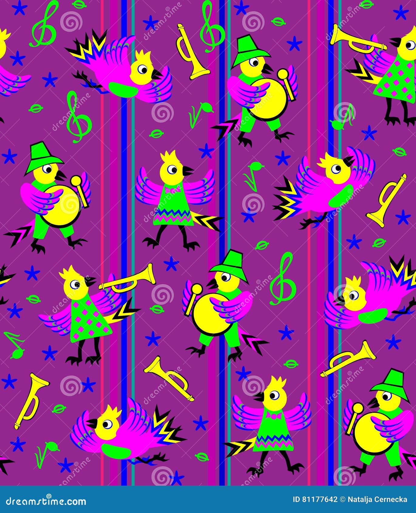 Seamless Pattern of Birds Playing Different Instruments. Stock Vector ...