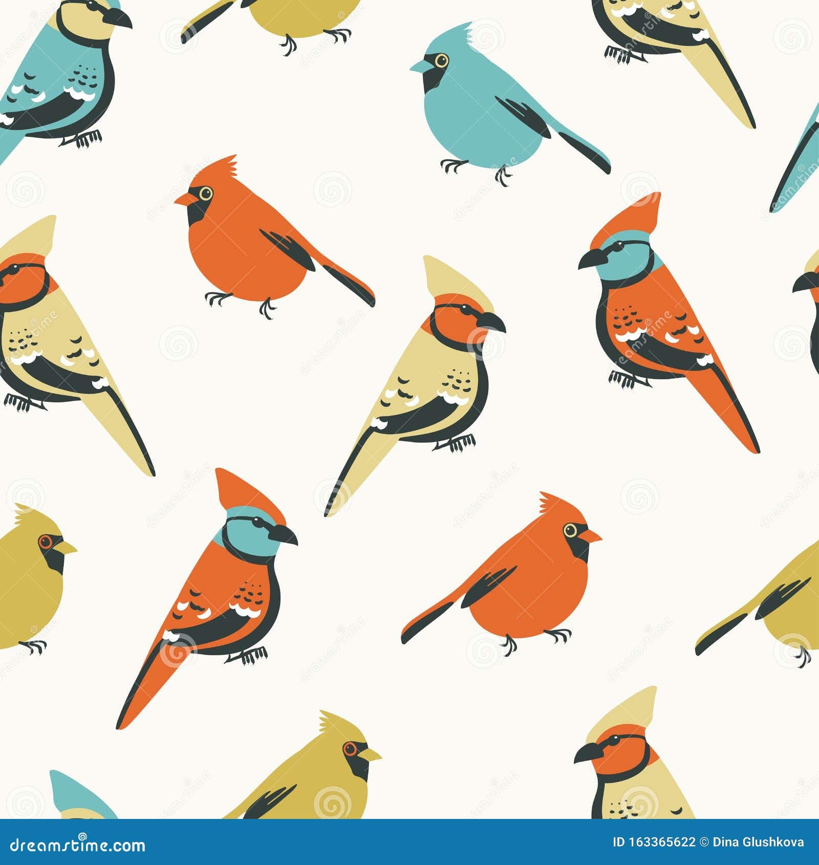 Seamless Pattern with Birds, Red Cardinal and Jay. Minimalistic ...
