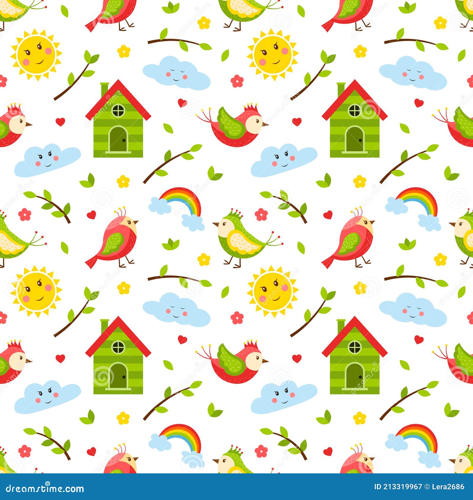 Seamless Pattern with Birds, Twigs, Birdhouse Sun and Cloud. Cute ...