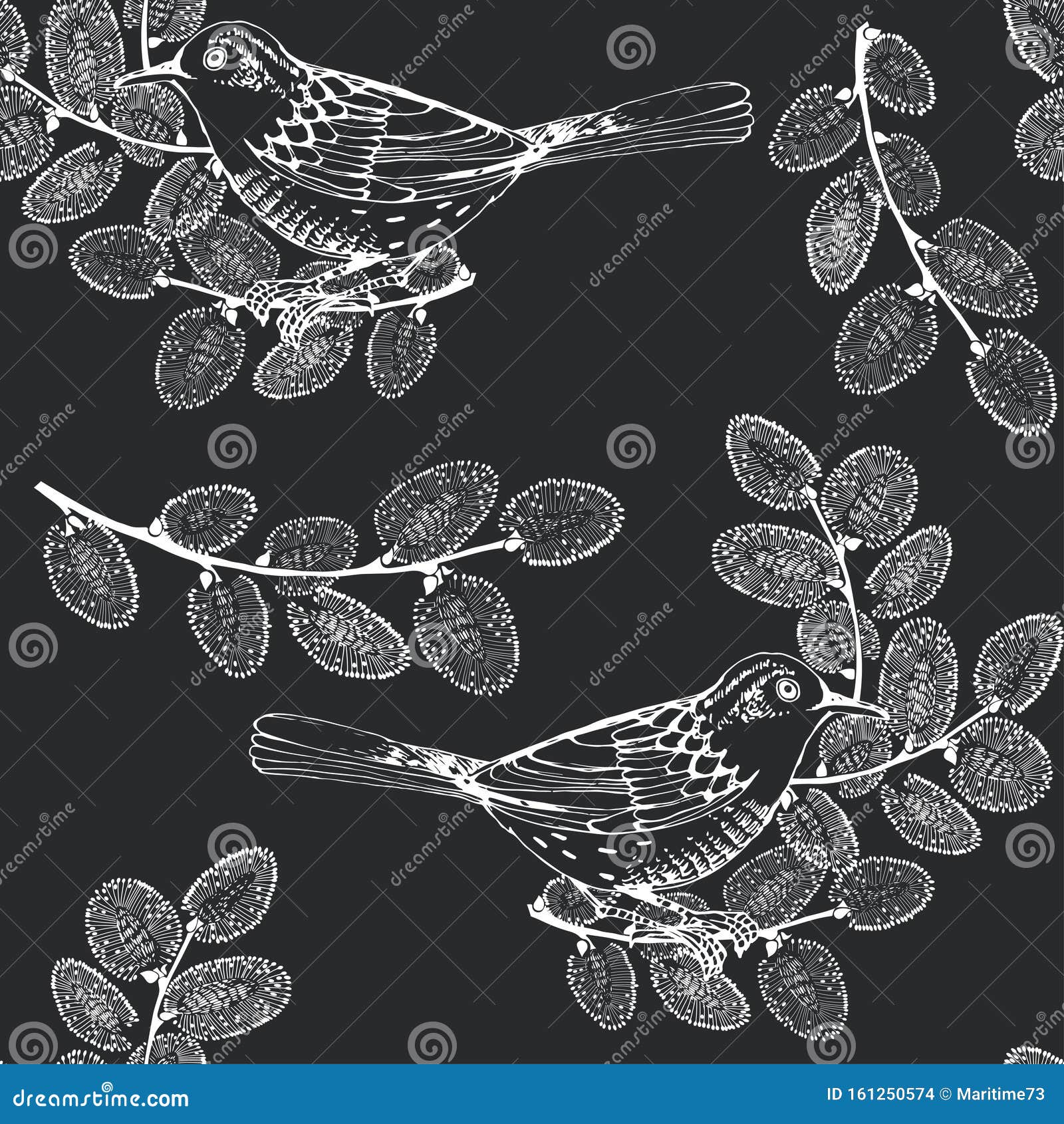 Seamless Pattern with Birds and Willow Branches on Black Background ...