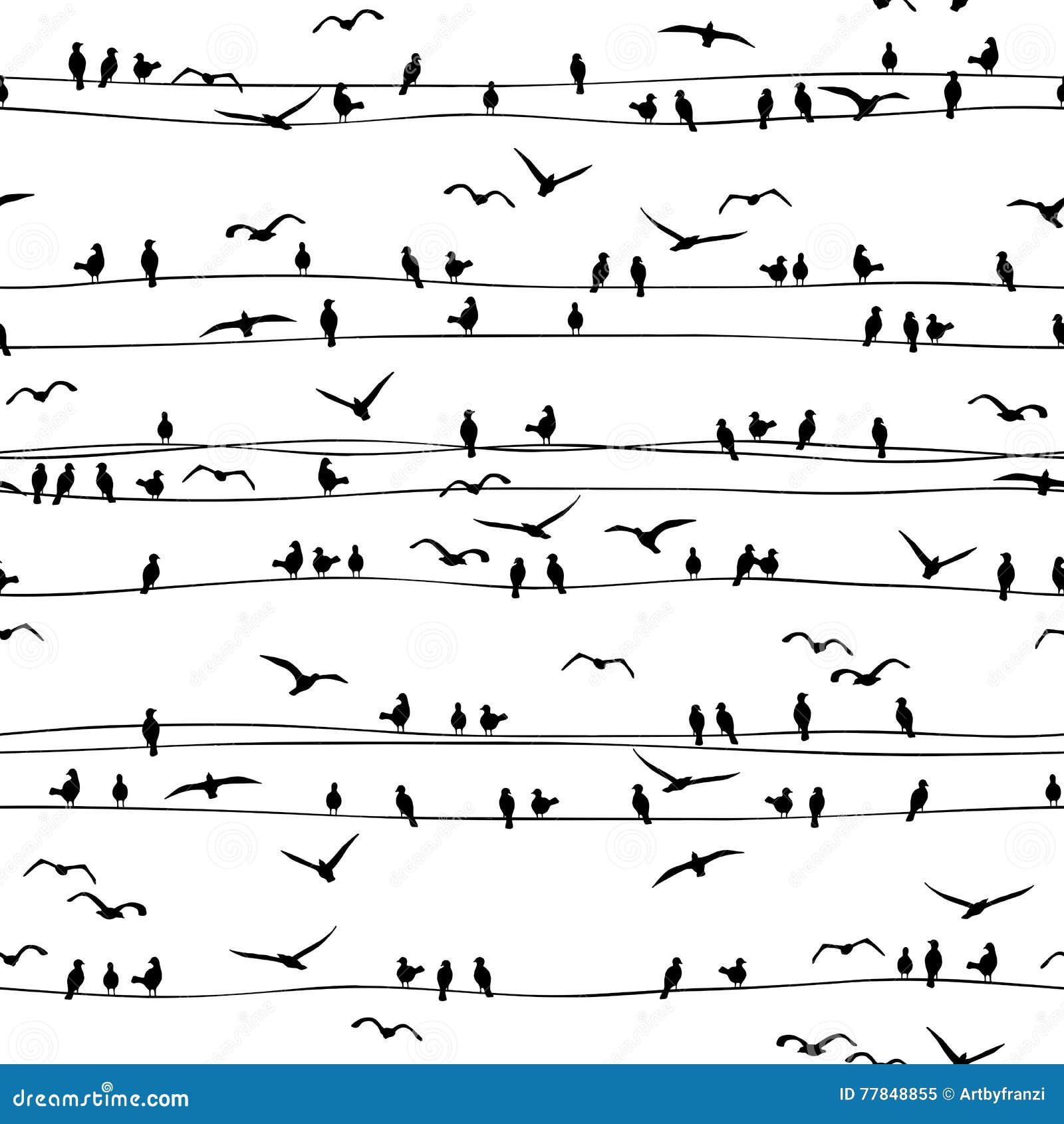 Seamless Pattern of Birds on Wires Stock Vector - Illustration of ...
