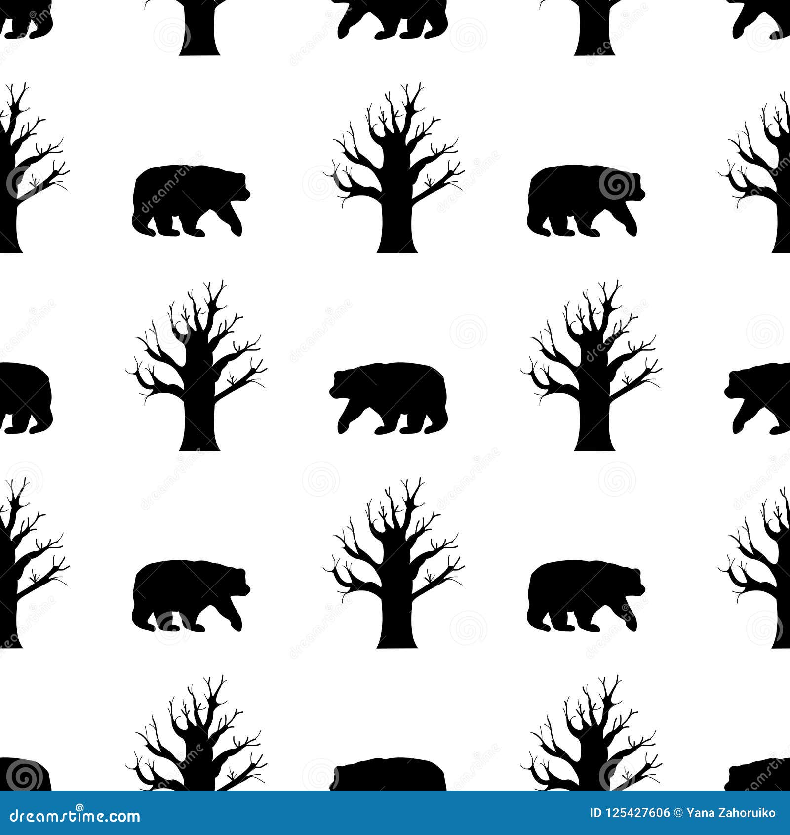 Seamless Pattern with Black Bear and Trees on the White Background ...